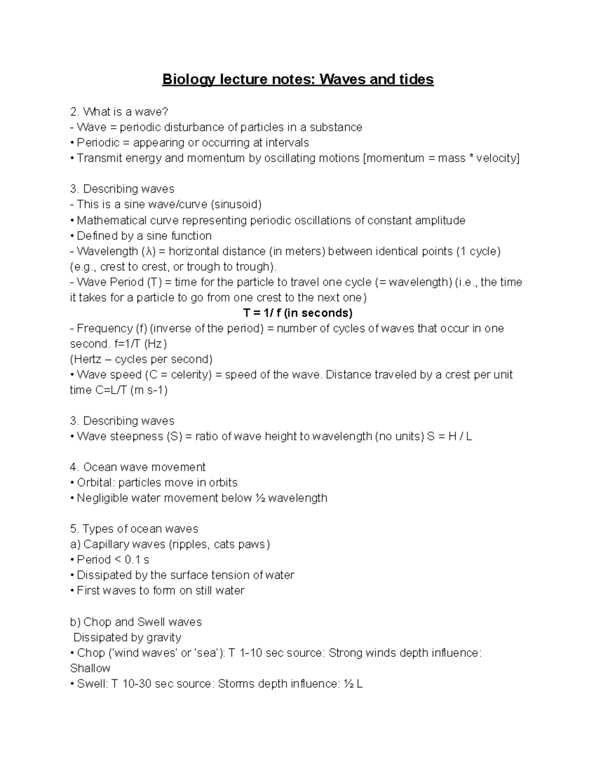 Biology lecture notes Waves and tides - , crest to crest, or trough to ...