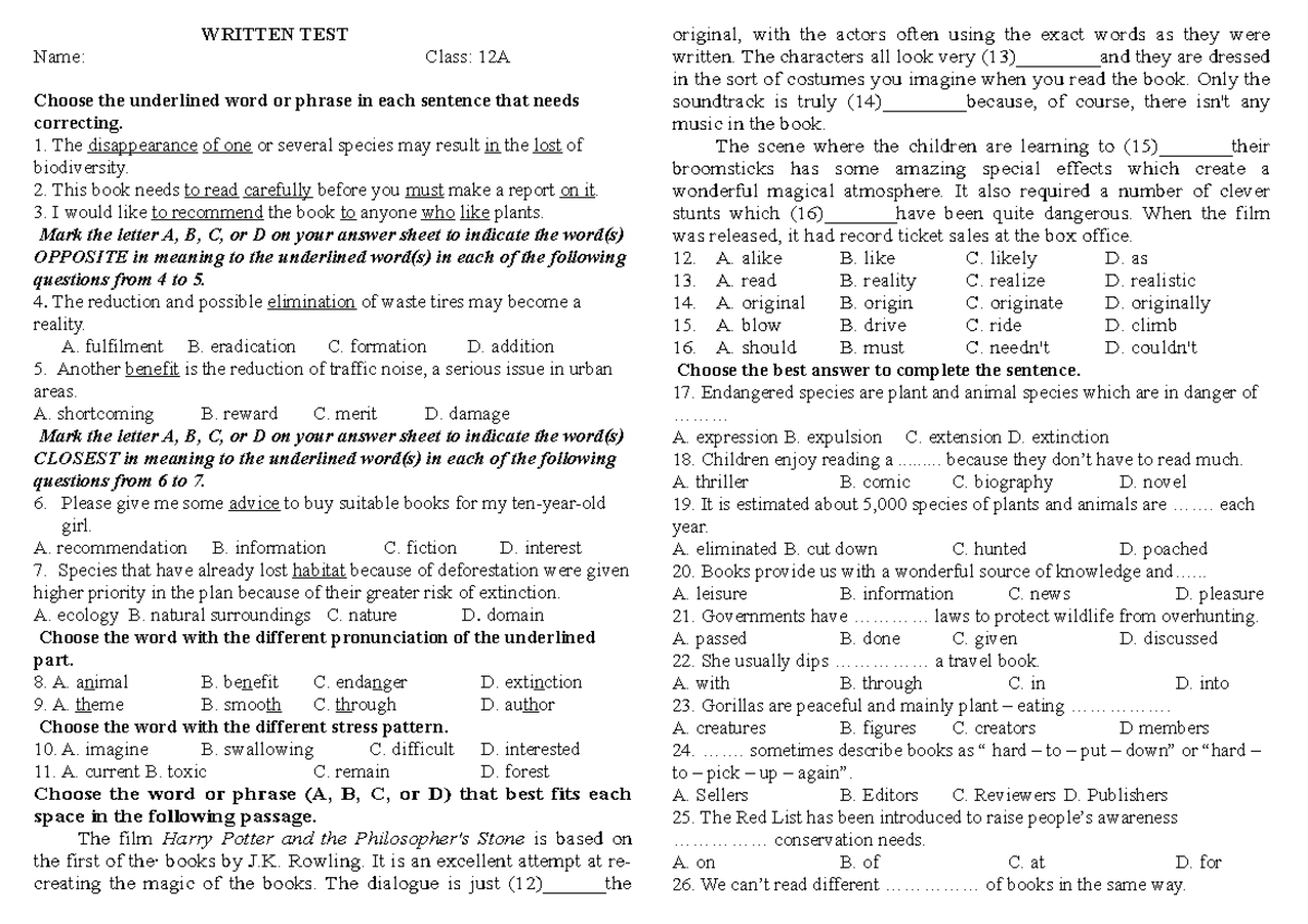 Practice Test 3 12 No key - WRITTEN TEST Name: Class: 12A Choose the ...