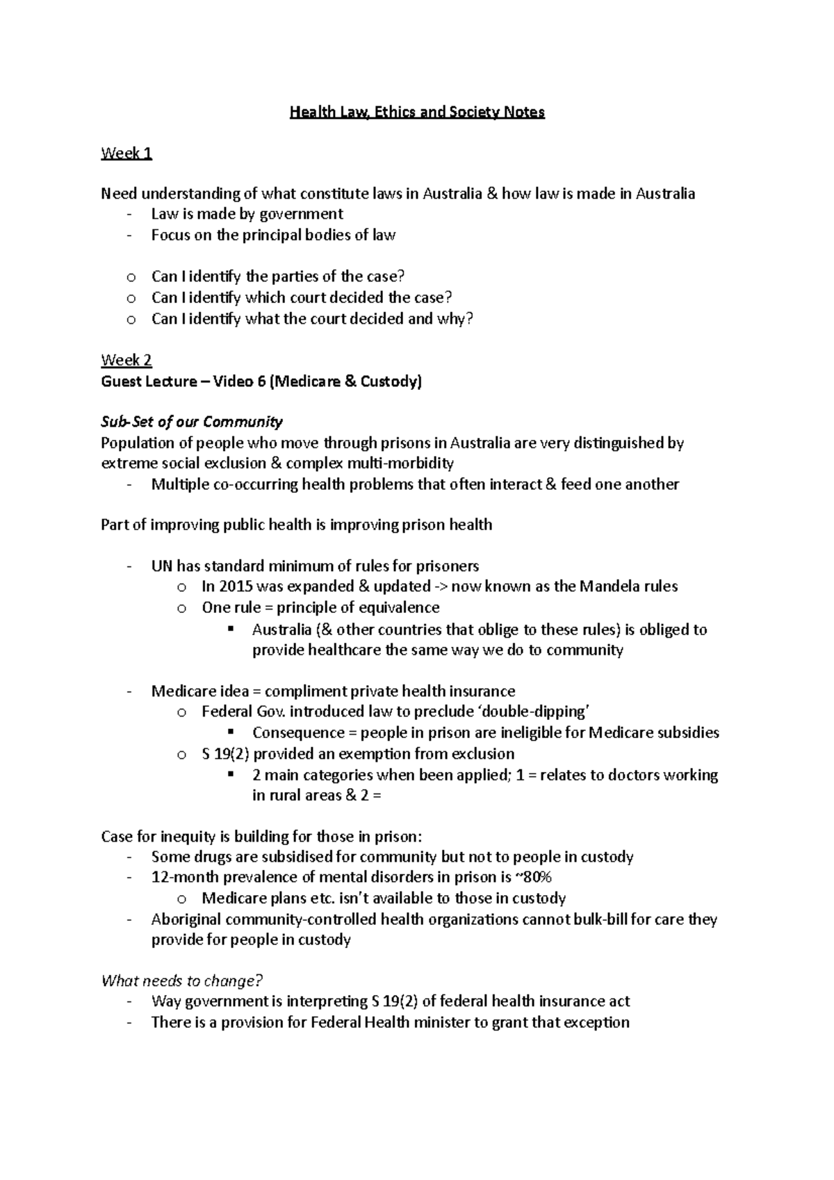Notes on Week One Lectures - Health Law, Ethics and Society Notes Week ...
