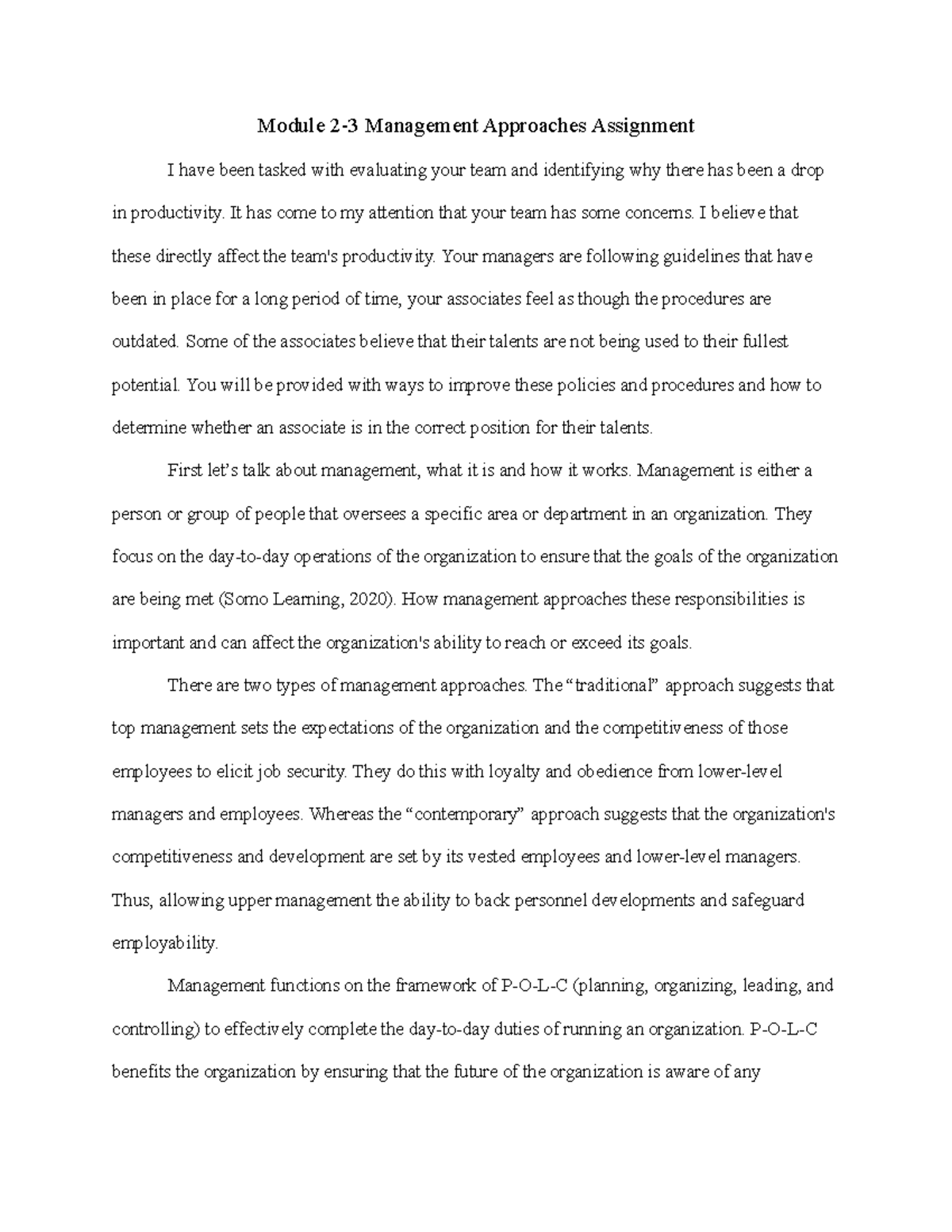 Bus 210 Module 2.3 Management Approaches Assignments - Module 2-3 ...