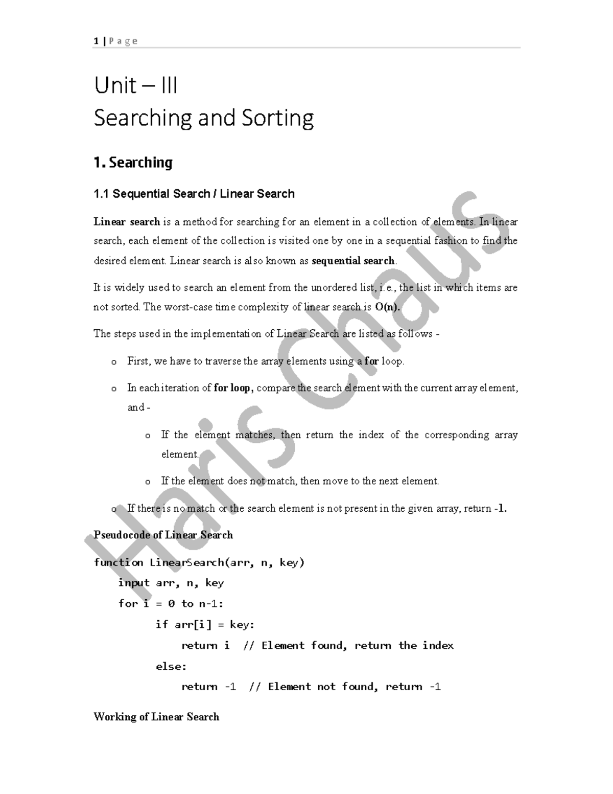 FDS Unit 3 Notes - Unit – III Searching and Sorting 1. Searching 1 ...