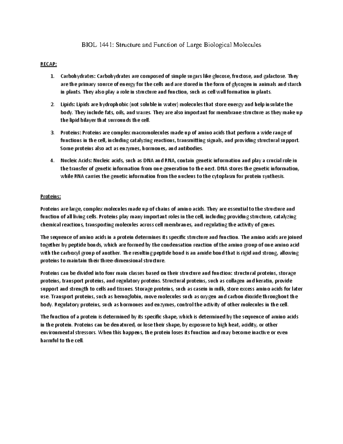 Structure and Function of Large Biological Molecules - Proteins and ...
