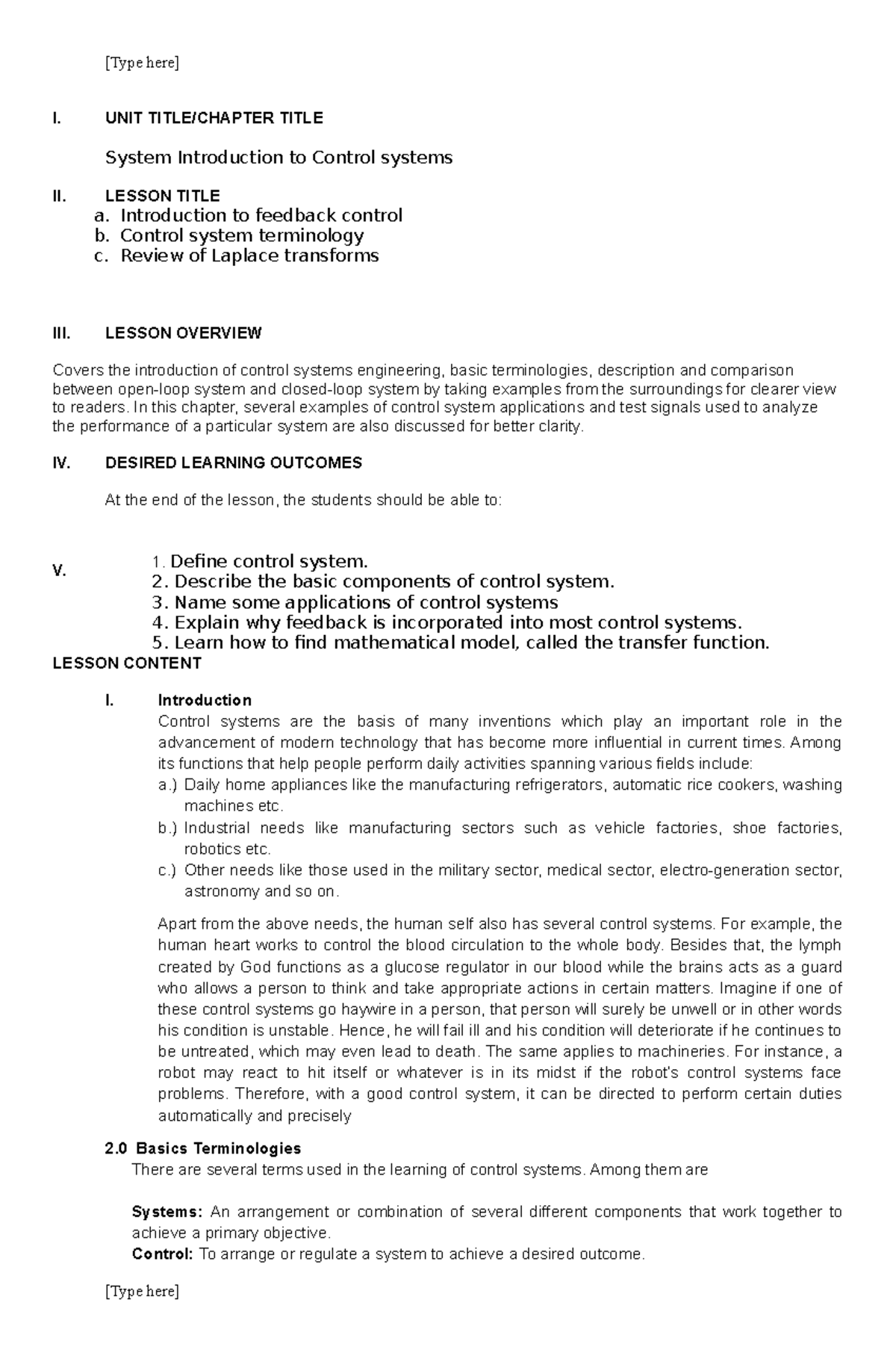 Intoduction TO Control Systems - I. UNIT TITLE/CHAPTER TITLE System ...