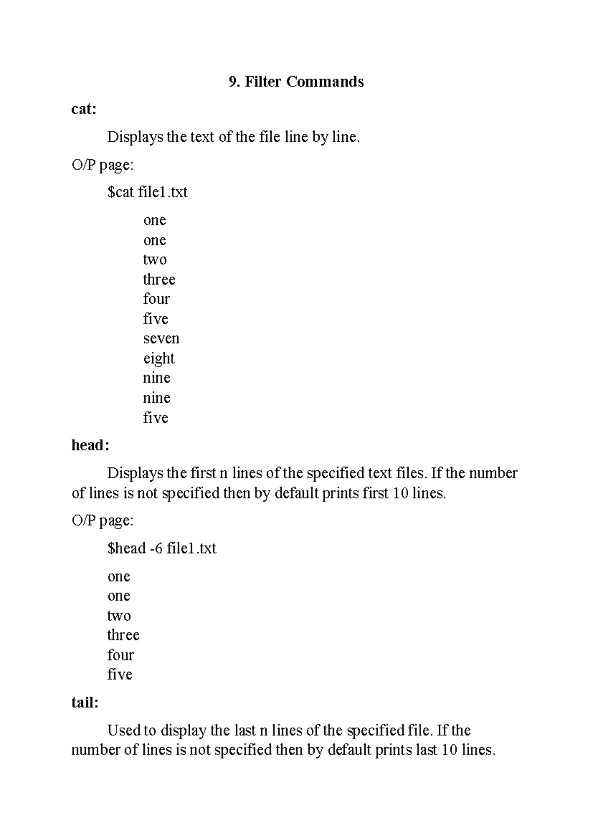 Linux Lab Record 9 Filter Commands Cat Displays The Text Of The File Line By Line Op Page