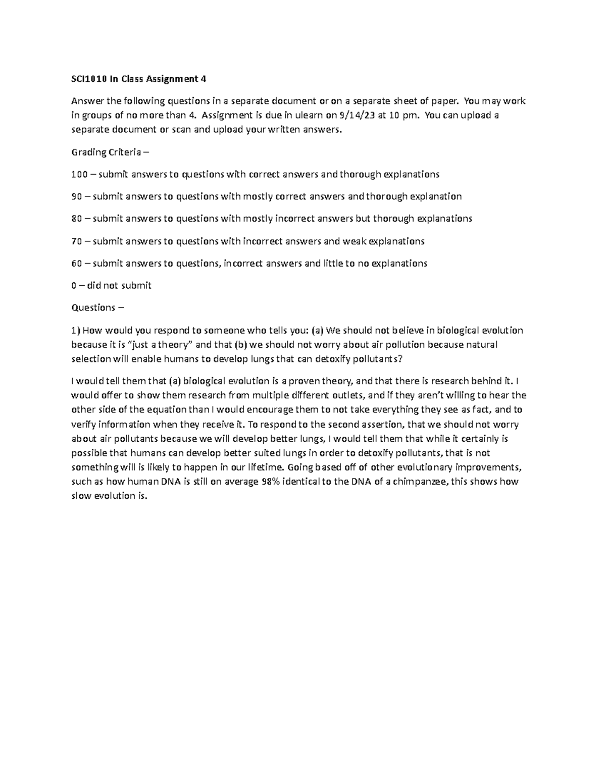 SCI1010 In Class Assignment 4 - You may work in groups of no more than 4. Assignment is due in ...