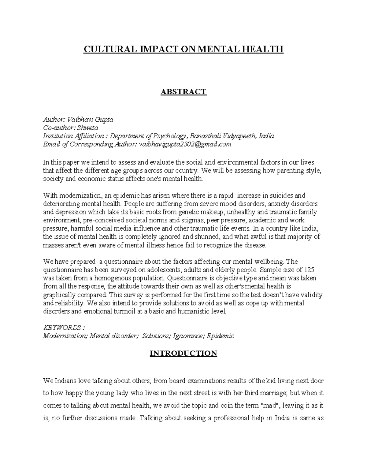 Cultural Impact ON Mental Health Abstrac - CULTURAL IMPACT ON MENTAL ...