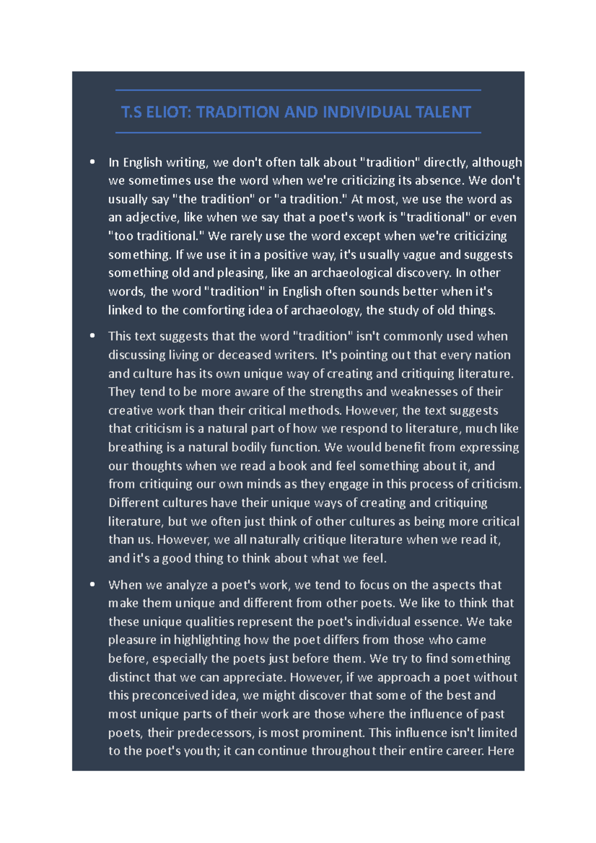 Ts eliot tradition - T ELIOT: TRADITION AND INDIVIDUAL TALENT In ...