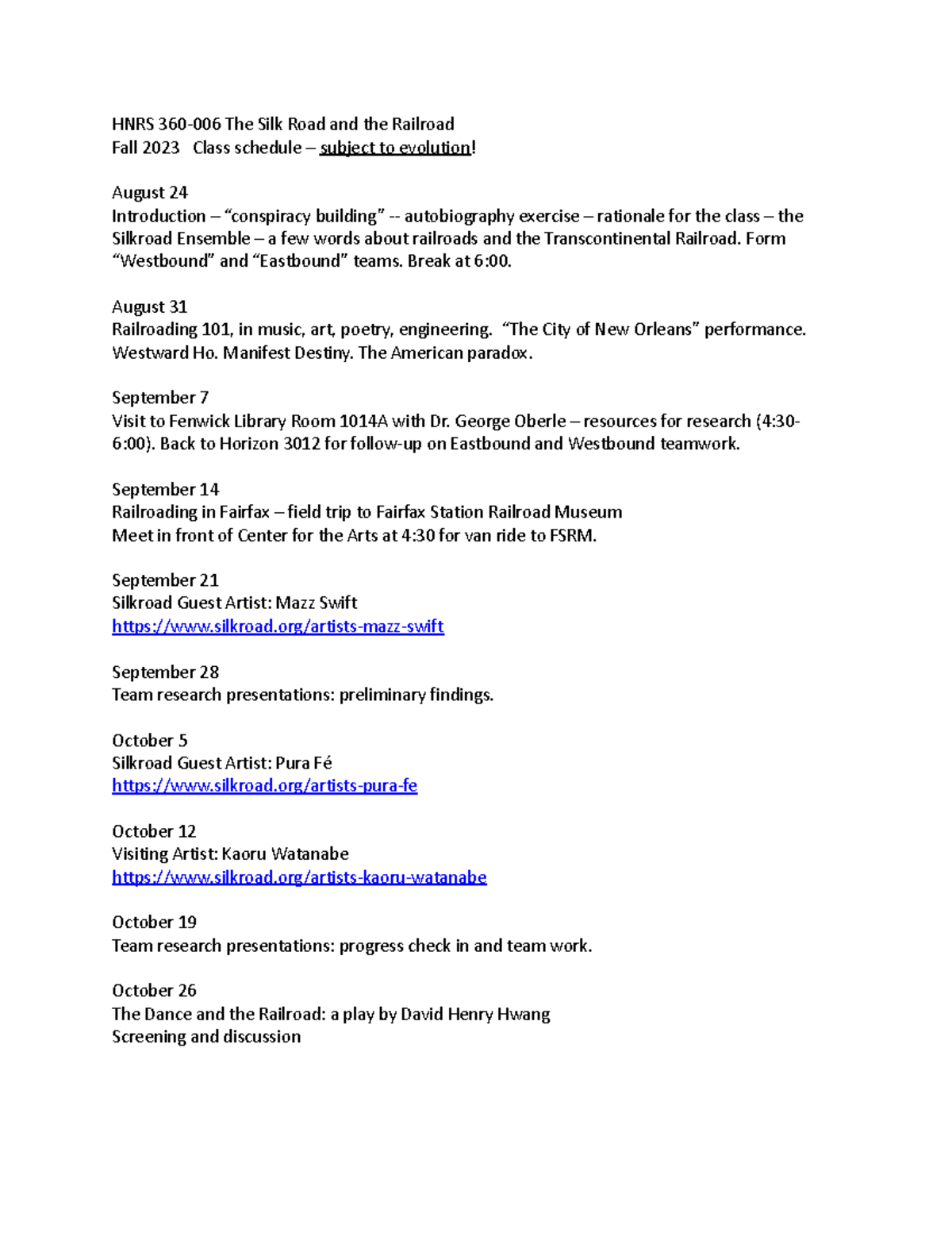 New update 10-12 Fall 23 Class Schedule - HNRS 360-006 - HNRS 360-006 ...