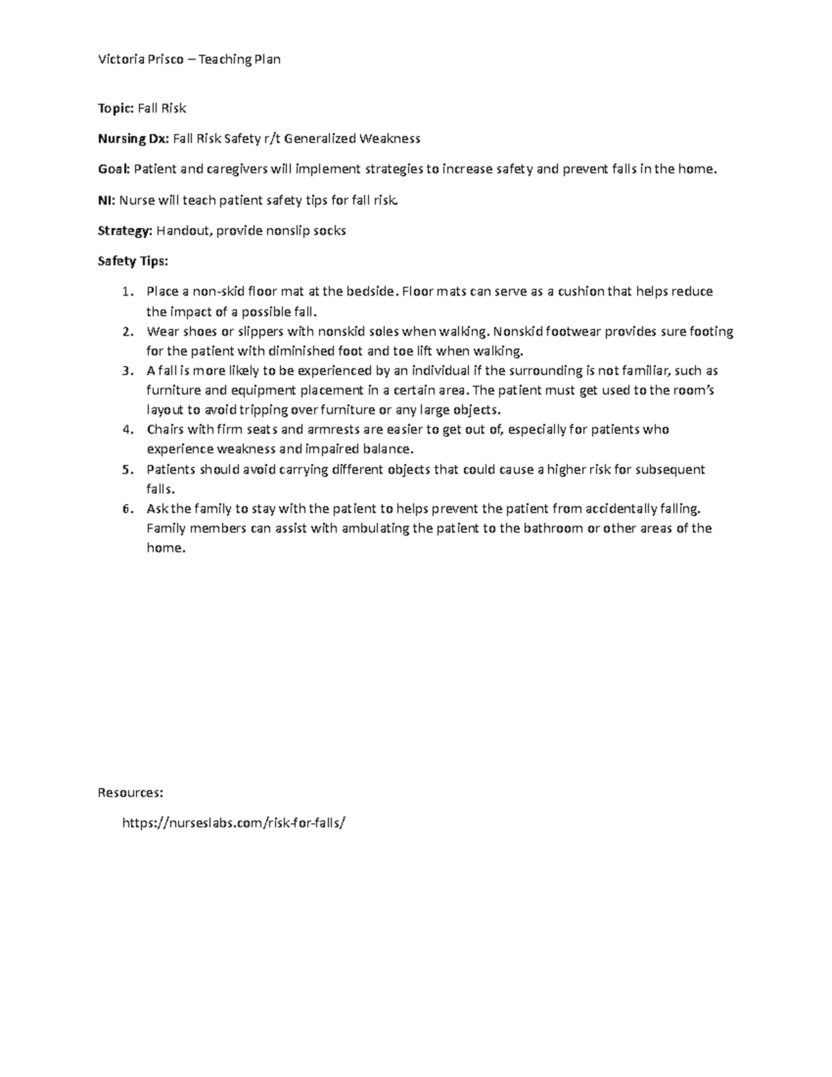 Teaching Plan - Fall Risks - Victoria Prisco – Teaching Plan Topic ...