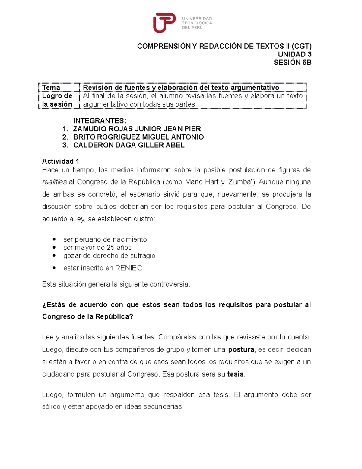 U3 S6 Texto argumentativo (requisitos Congreso) B (1) (1) - COMPRENSIÓN Y REDACCIÓN DE TEXTOS II ...