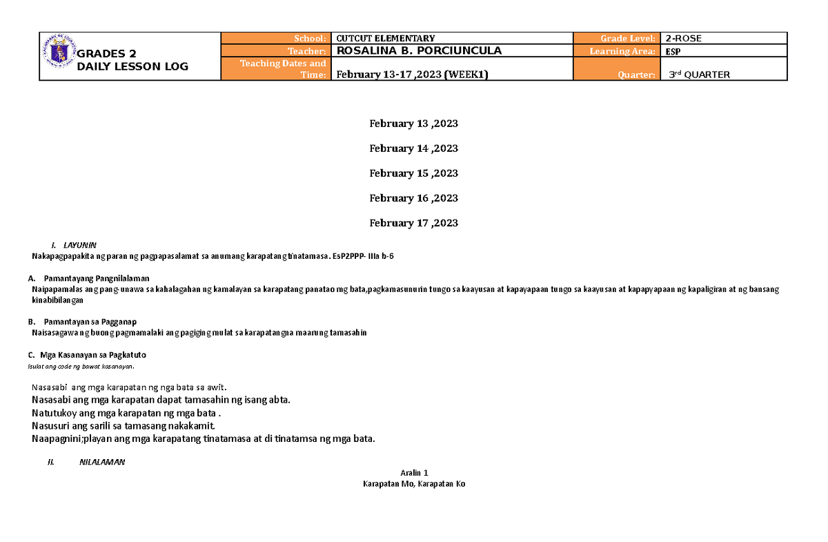 DLL ALL- Subjects-2 Q3-Week-1 - , GRADES 2 DAILY LESSON LOG School ...