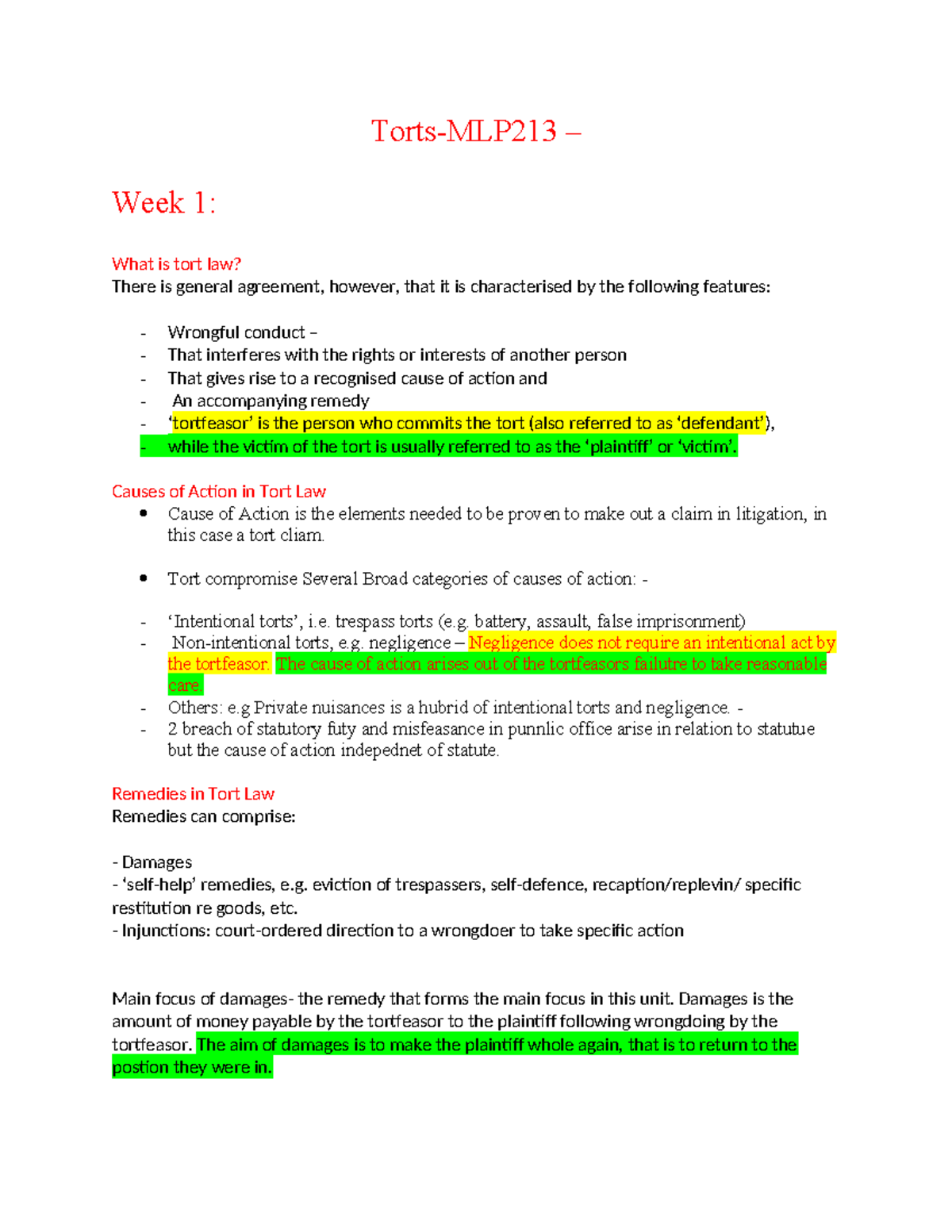 Torts- week 1 - Week 1 notes - Torts-MLP213 – Week 1: What is tort law ...