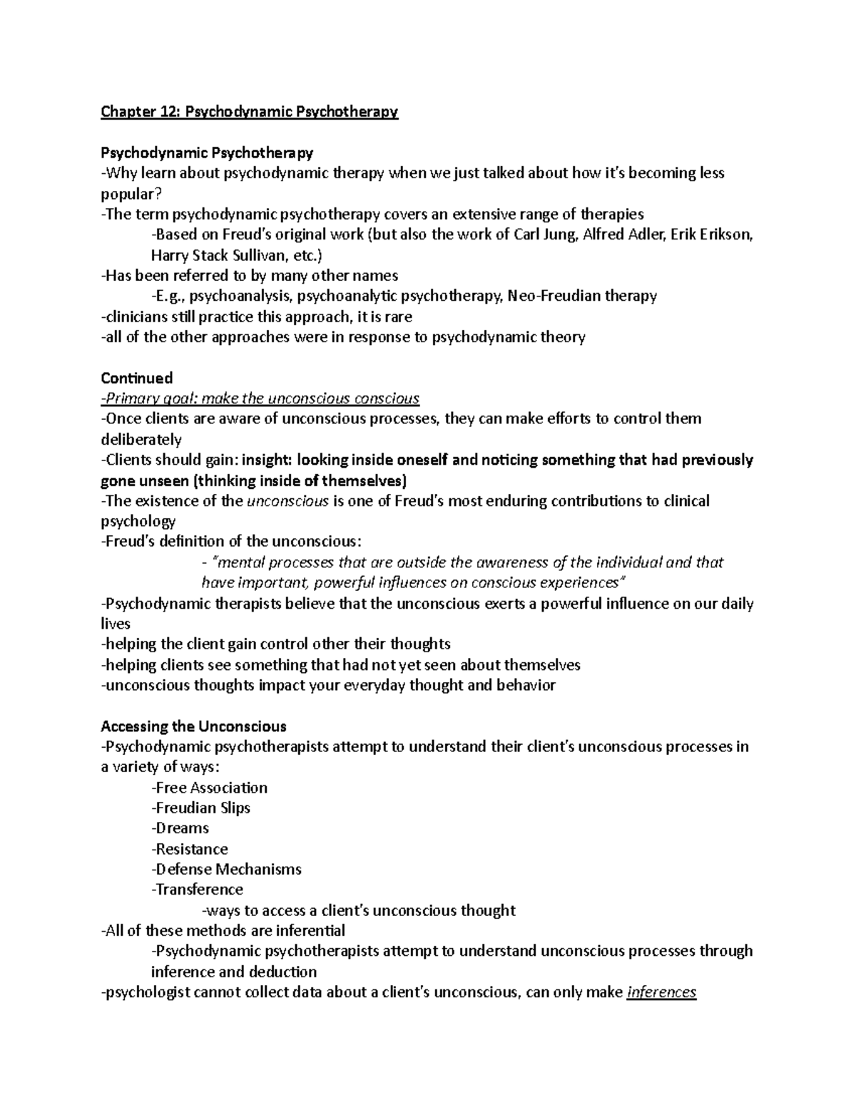 Chapter 12 Lecture Notes - Chapter 12: Psychodynamic Psychotherapy ...