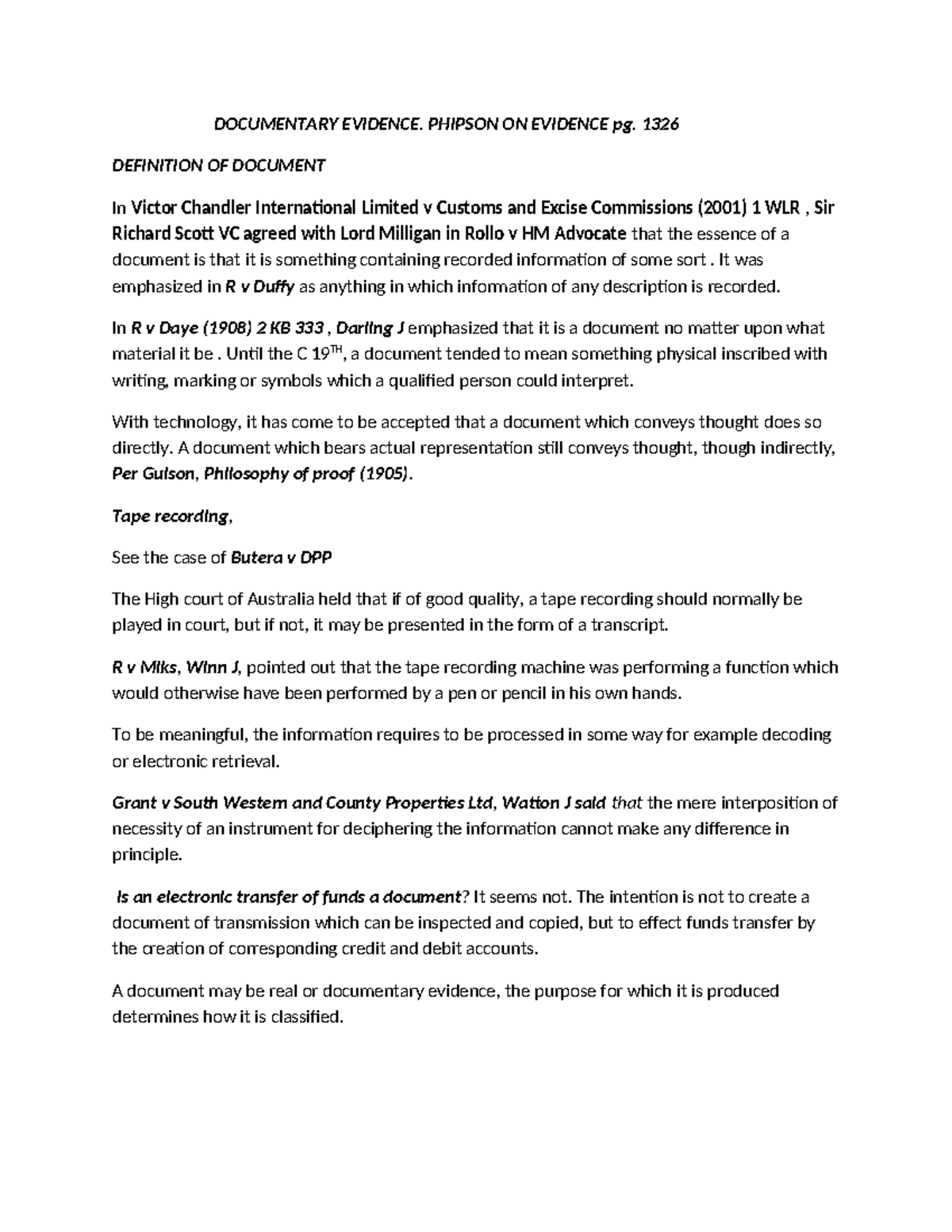 Evidence - good notes - DOCUMENTARY EVIDENCE. PHIPSON ON EVIDENCE pg ...