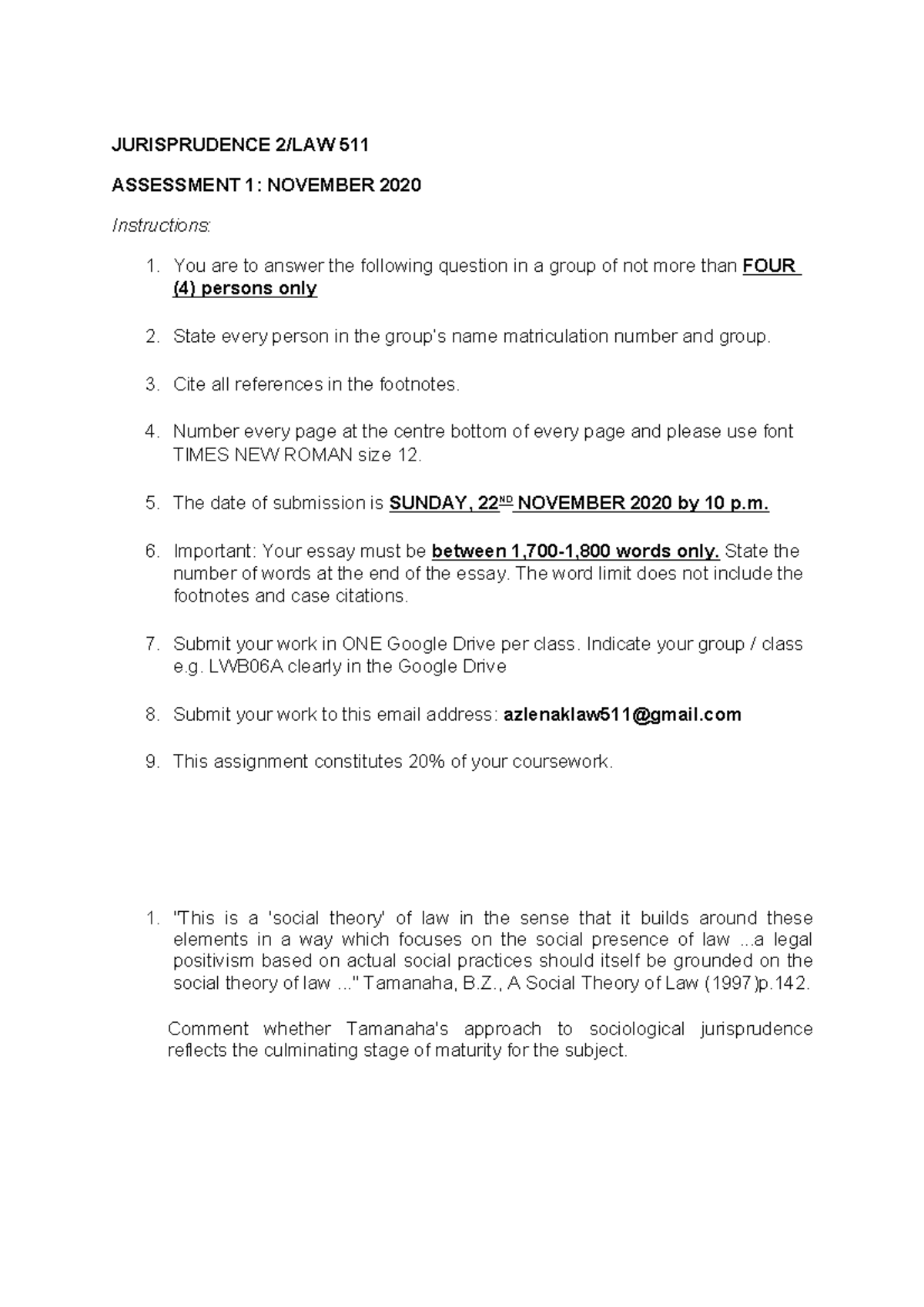 Juris Assignment 1 - JURISPRUDENCE 2/LAW 511 ASSESSMENT 1: NOVEMBER 2020 Instructions: You are ...