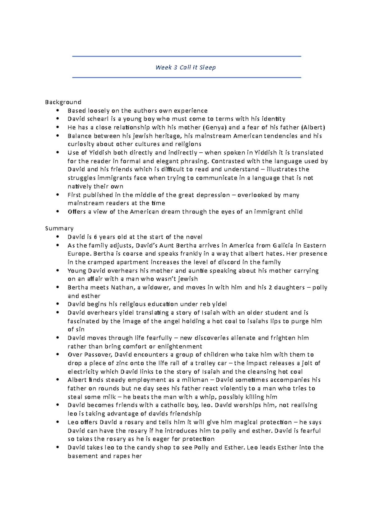 Week 3 Call It Sleep - Week 3 Call It Sleep Background Based loosely on ...