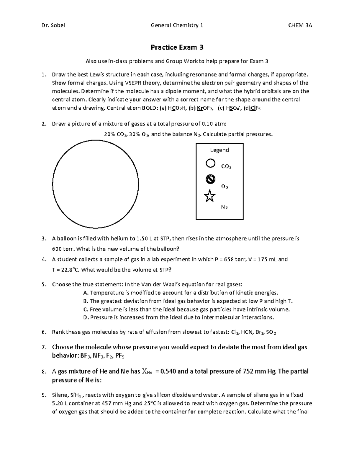 Practice Exam 3 - Dr. Sobel General Chemistry 1 CHEM 3A Practice Exam 3 Also use in-class ...