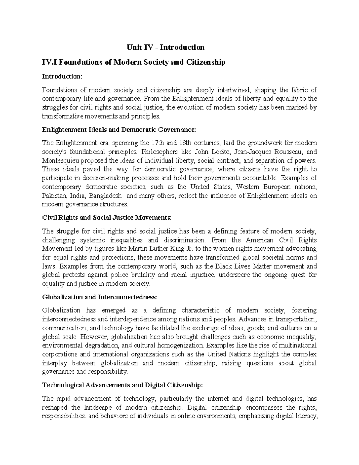 Unit IV -Foundations of Modern Society and Citizenship - Unit IV ...