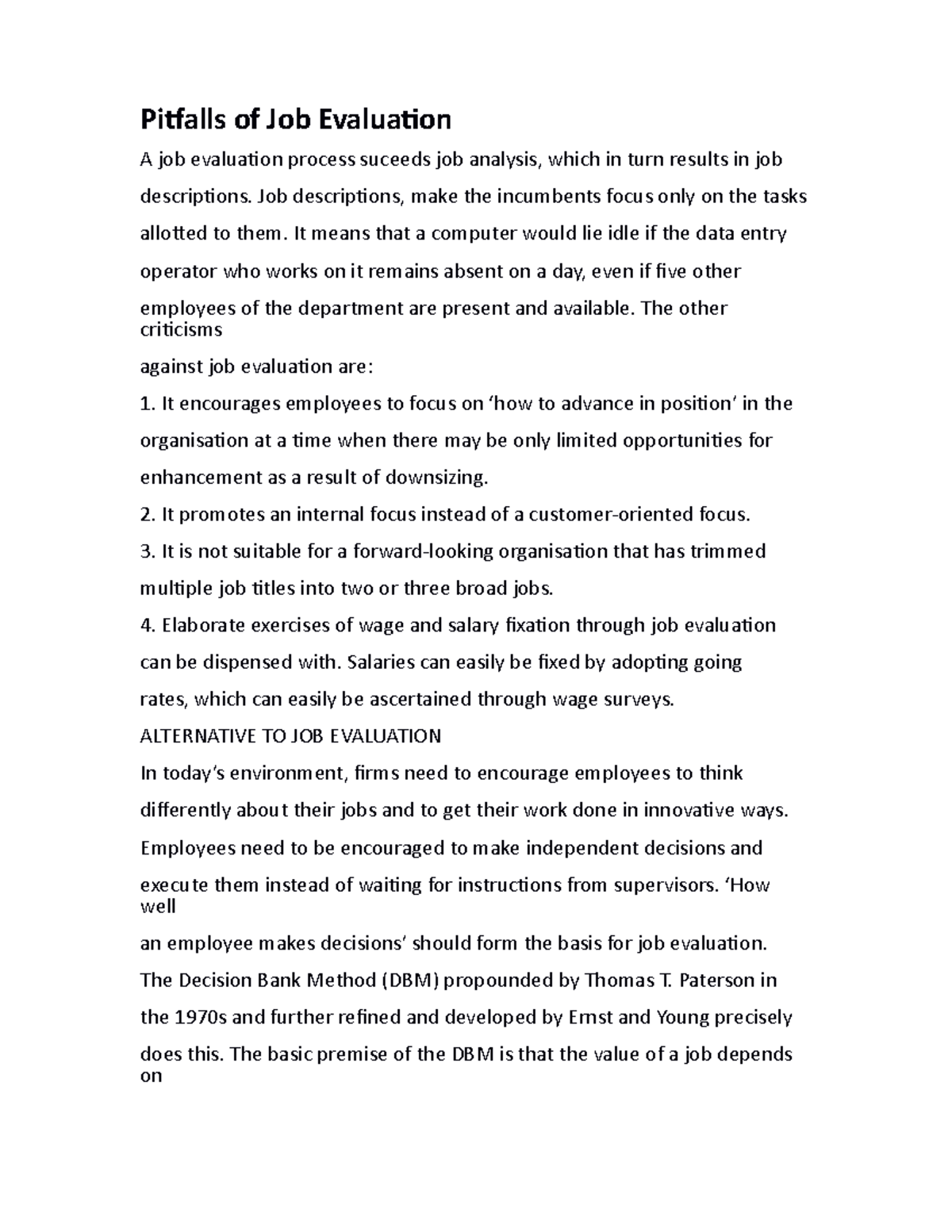 Pitfalls of Job Evaluation notes - Pitfalls of Job Evaluation A job ...