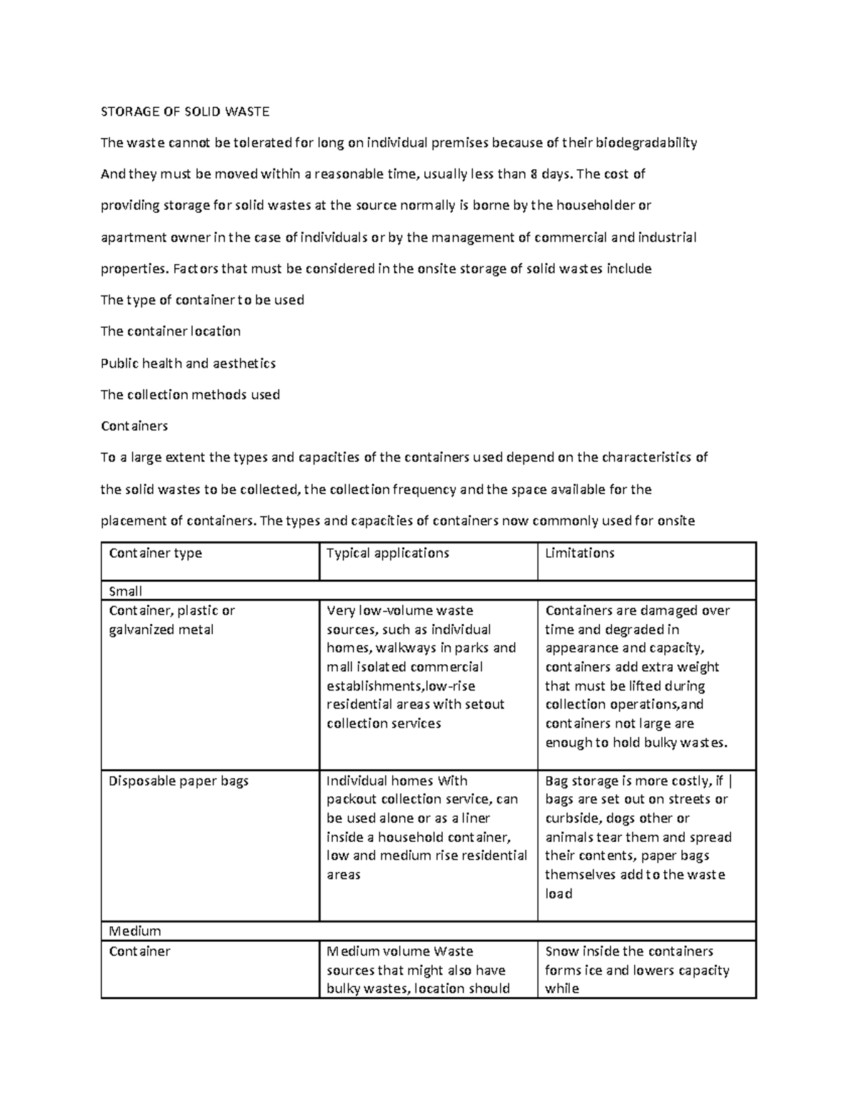 Municipal Solid Waste Management Module 2 PART 5 - STORAGE OF SOLID WASTE The waste cannot be ...