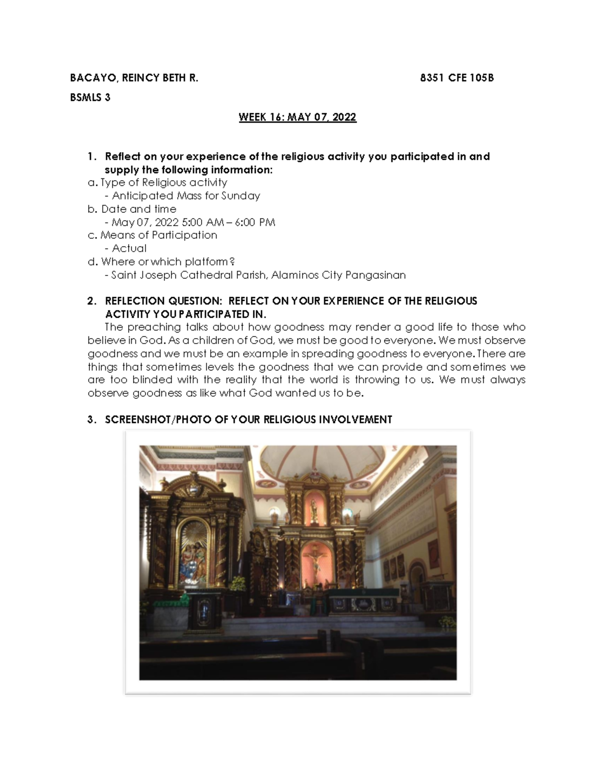 CFE 105B Religious Involvement WEEK 16 - BACAYO, REINCY BETH R. 8351 ...