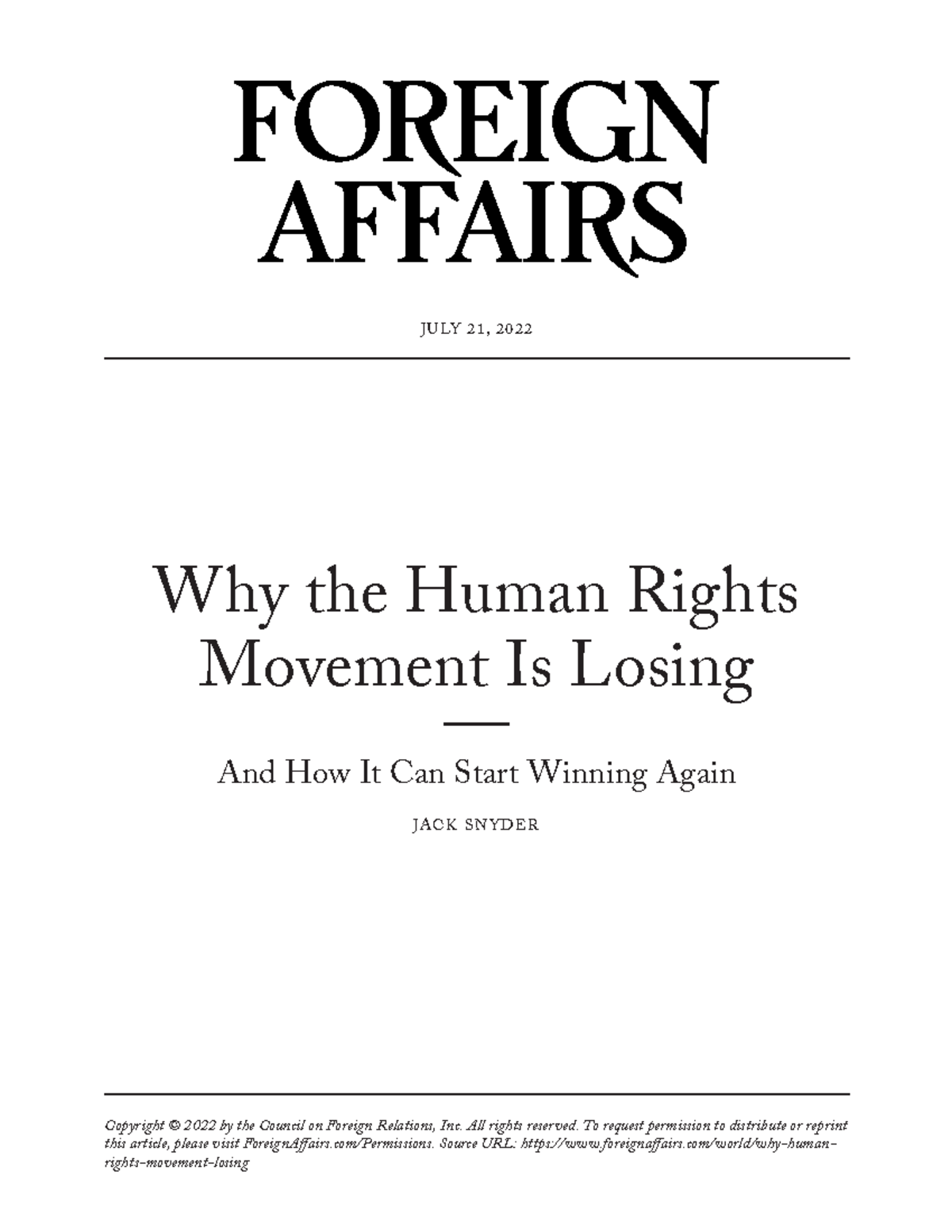 Snyder Why the human rights movement is losing - JULY 21, 2022 Why the ...