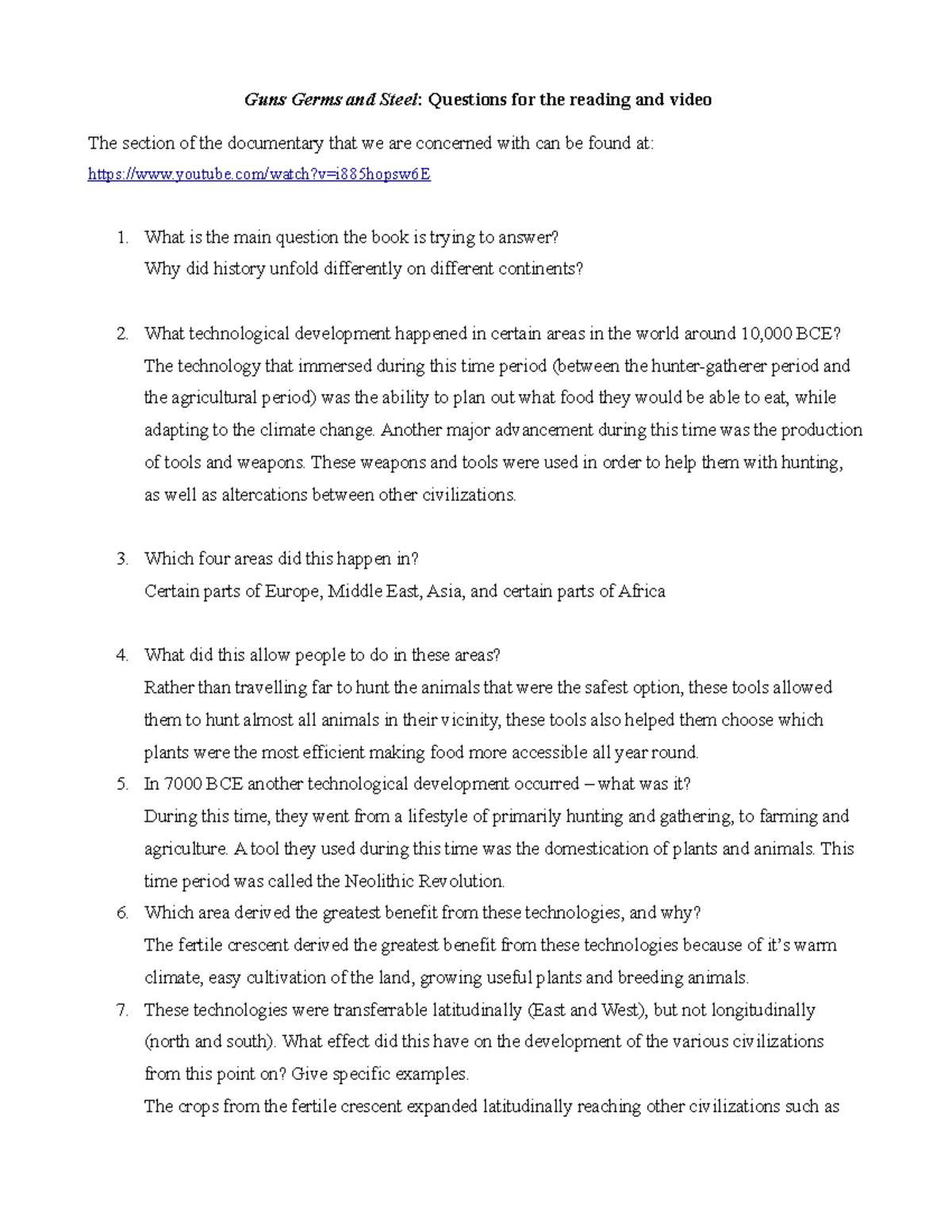 Week One - Guns Germs and Steel - Questions for the reading and video ...