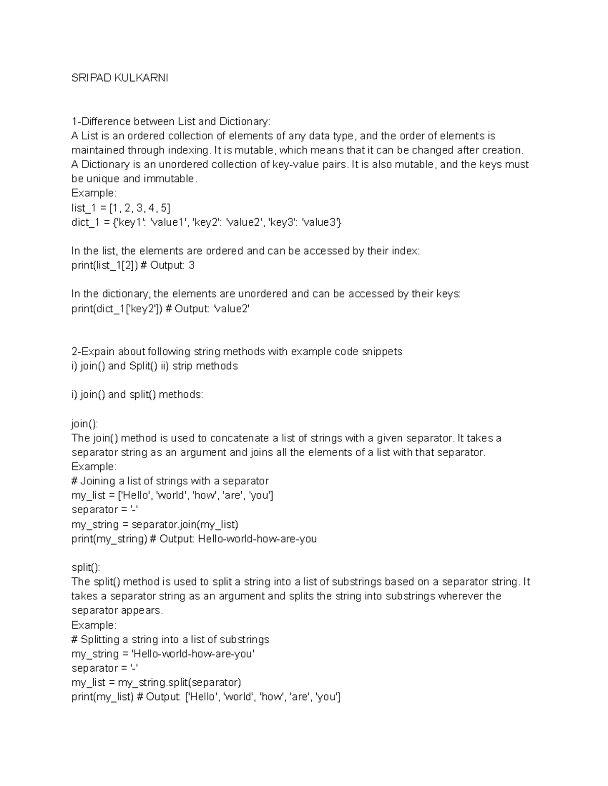 Pyhton IAT 2 Answers - SRIPAD KULKARNI 1-Difference between List and ...