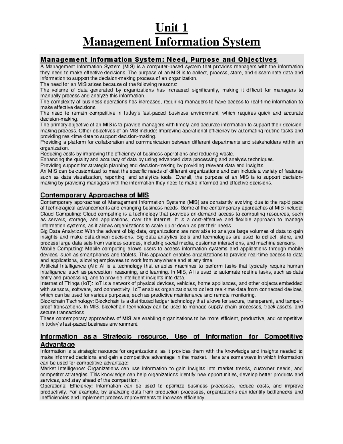 Management Information System unit 1 - Management Information System Management Information ...