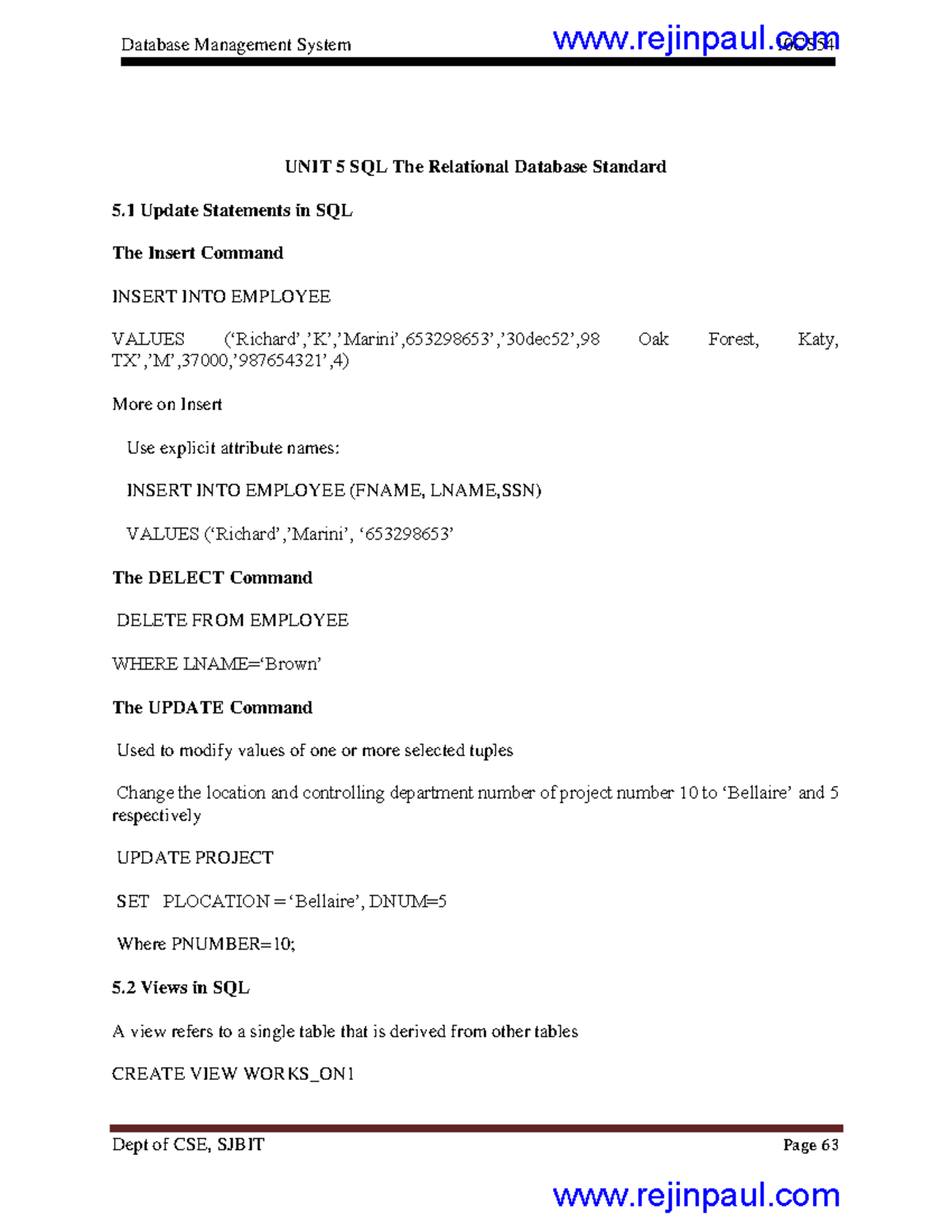 Updateinsertdelete Database Management System 10cs Dept Of Cse