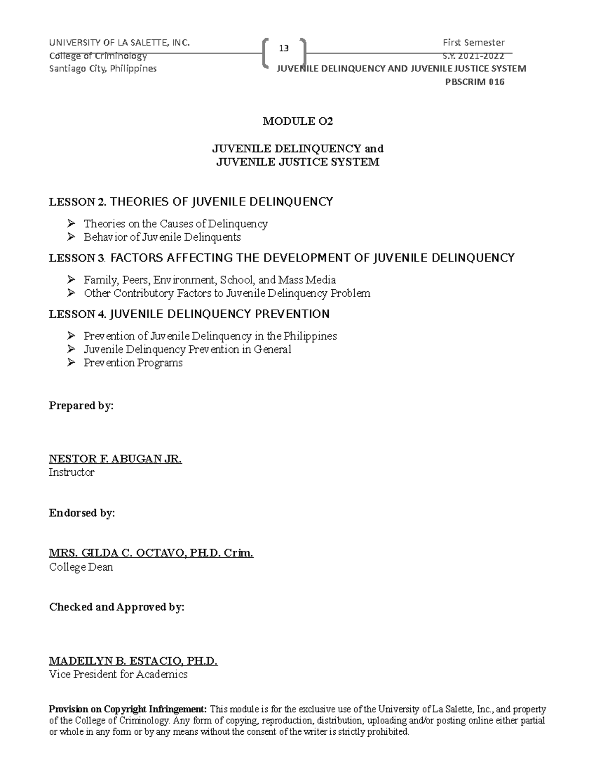 Module 2 Juvenile Derlinquency - College of Criminology S. 2021- Santiago City, Philippines ...