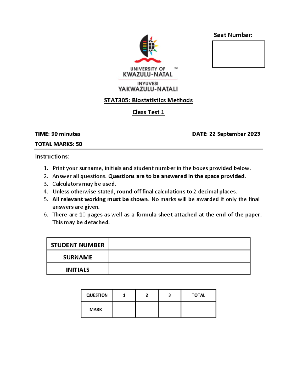 STAT305 Test 1 2023 - Test 1 2023 - Seat Number: STAT 305 ...