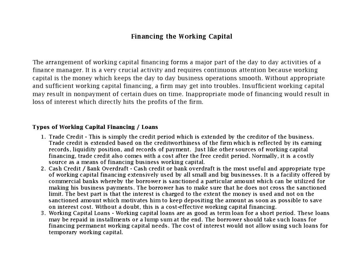 Financing the Working Capital 1 - It is a very crucial activity and ...