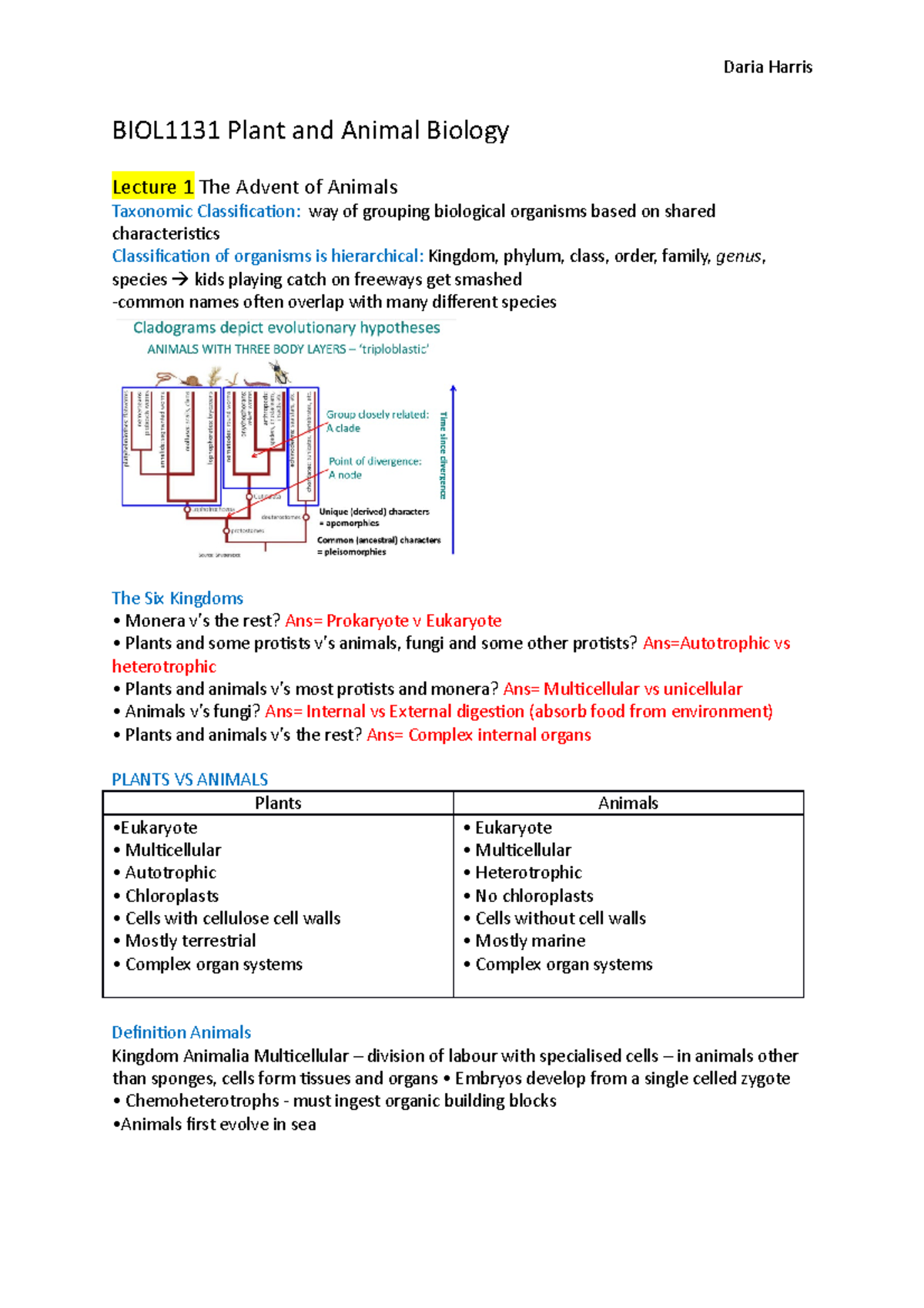 BIOL1131 notes - All lectures - BIOL1131 Plant and Animal Biology ...