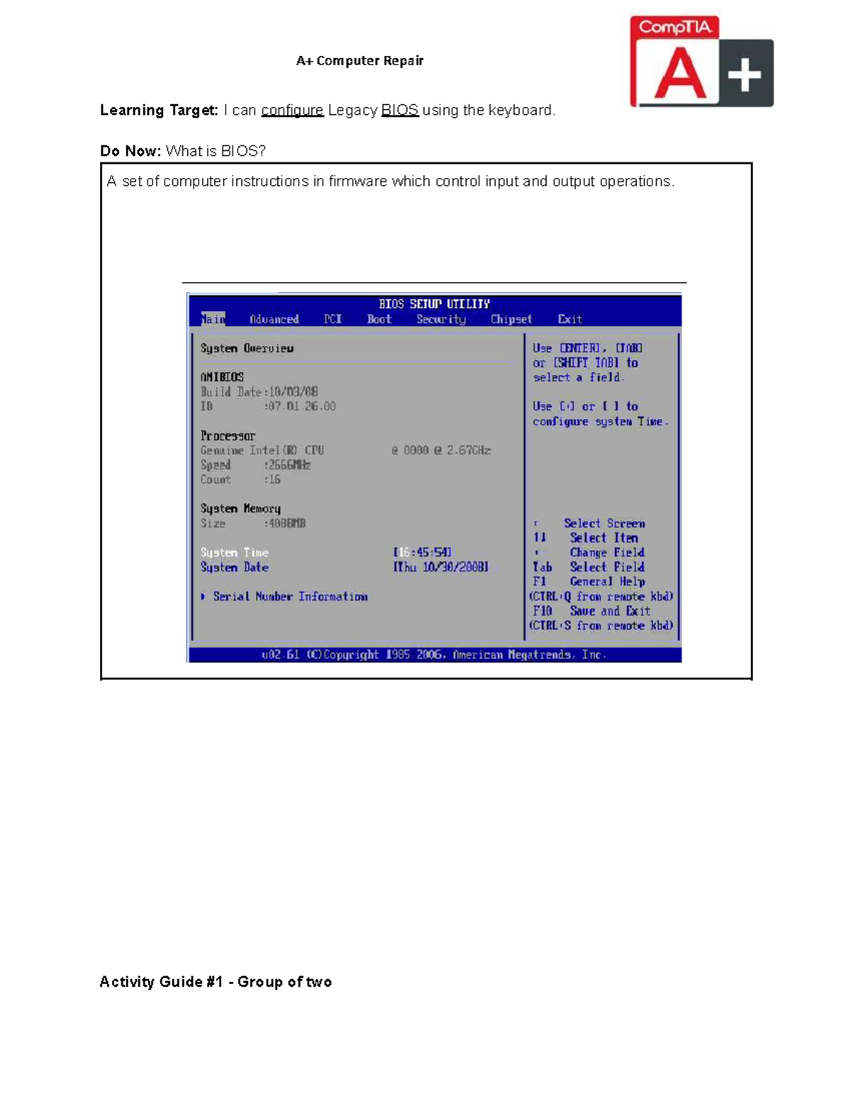 Ricardo Puma - Computer Repair - Lesson 8 BIOS Activity - A+ Computer ...