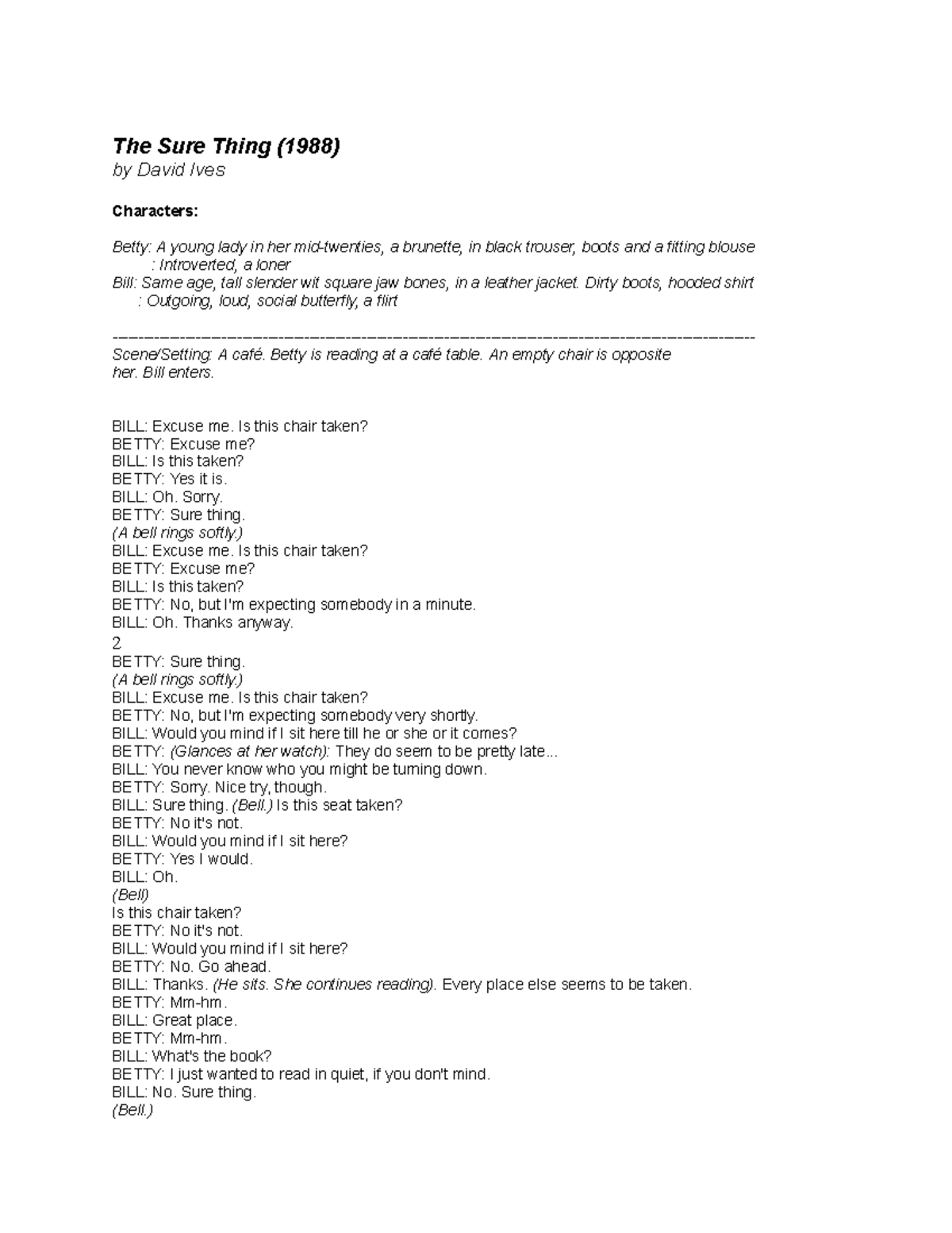 SURE Thing play - The Sure Thing (1988) by David Ives Characters: Betty ...