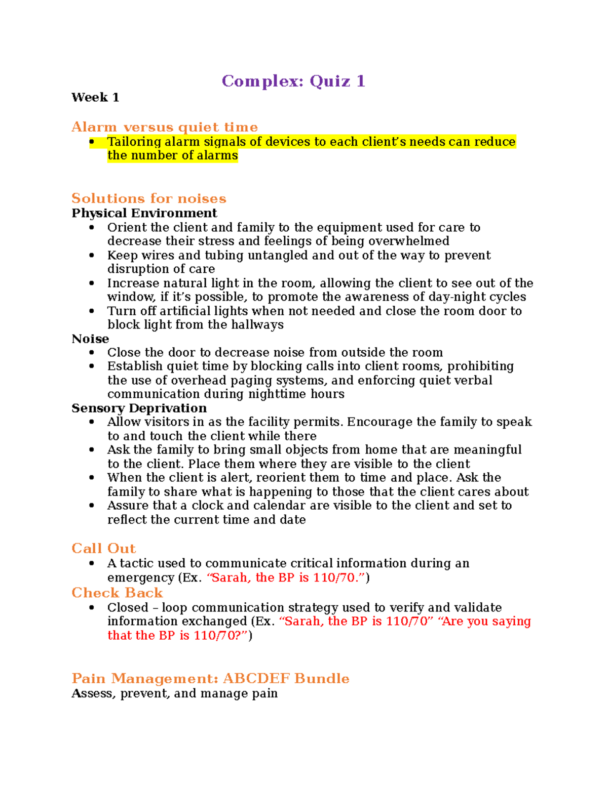 Quiz 1 - Complex - Homework to understand fondamental of nursing ...