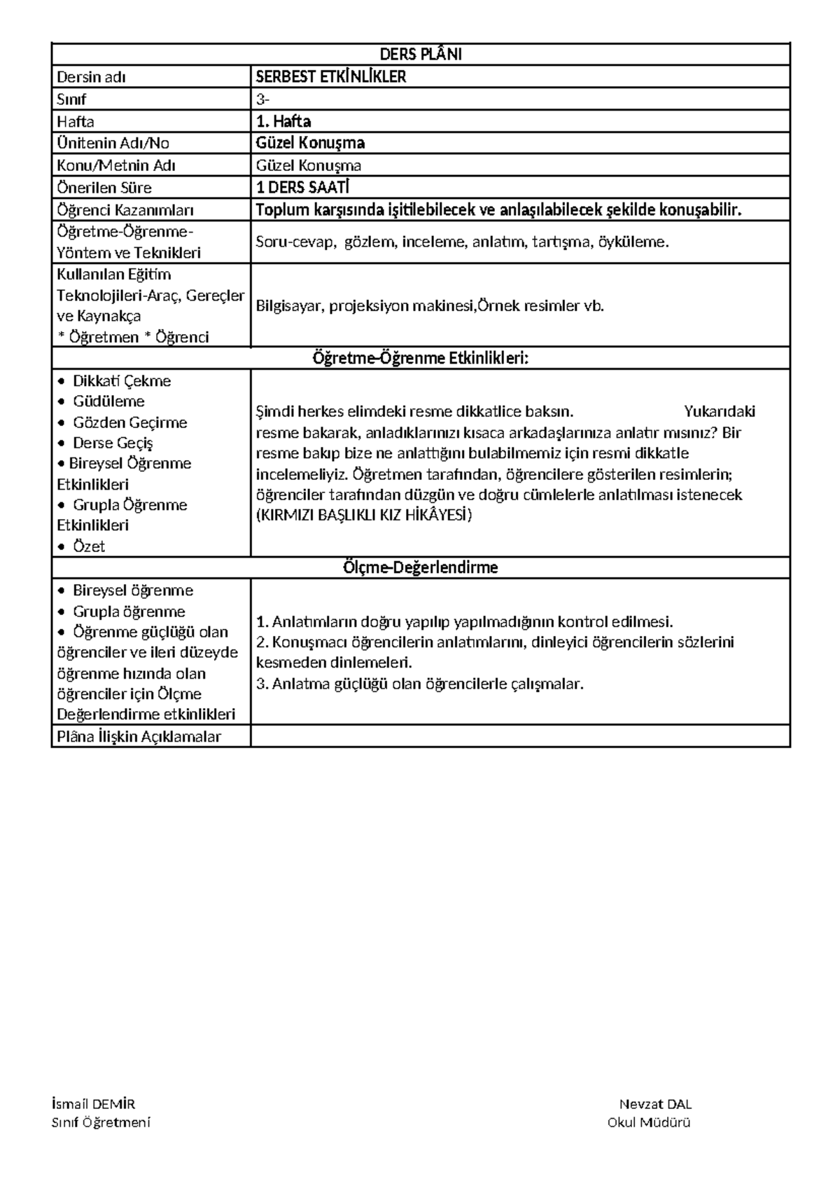 3. sınıf Serbest ETKİNLİKLER Günlük - Dersin adı SERBEST ETKİNLİKLER ...