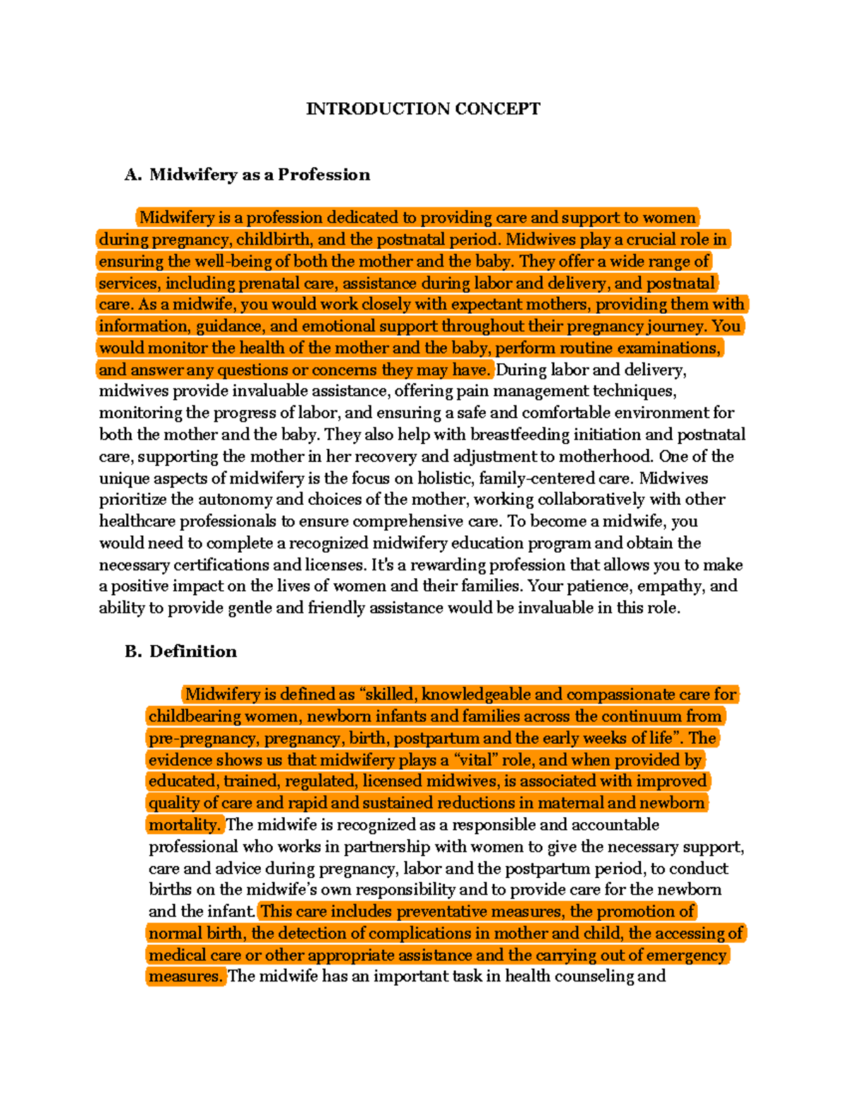 IHC-Activity - Notes in health care - INTRODUCTION CONCEPT A. Midwifery ...