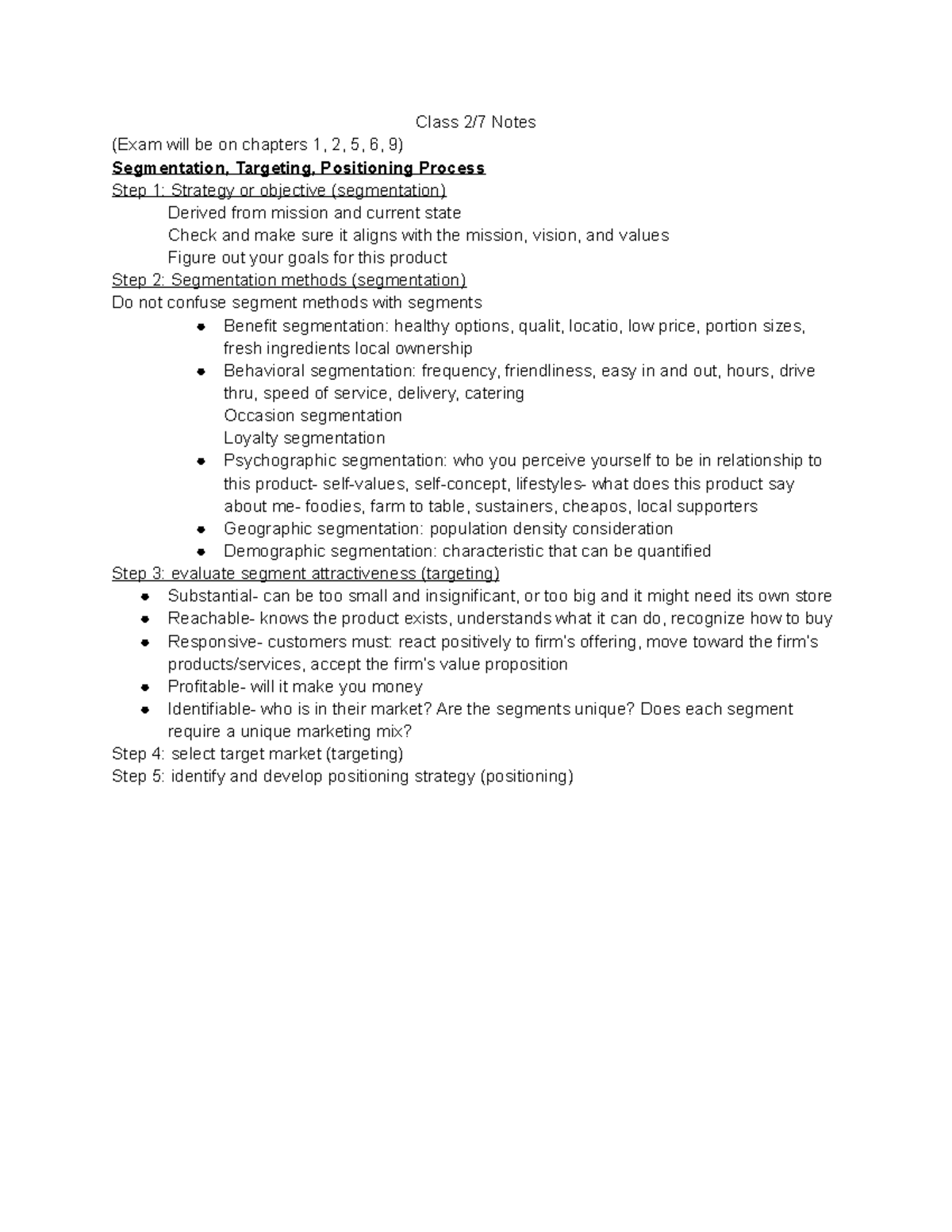 MKT 350 Class 2 7 Notes - Class 2/7 Notes (Exam will be on chapters 1 ...