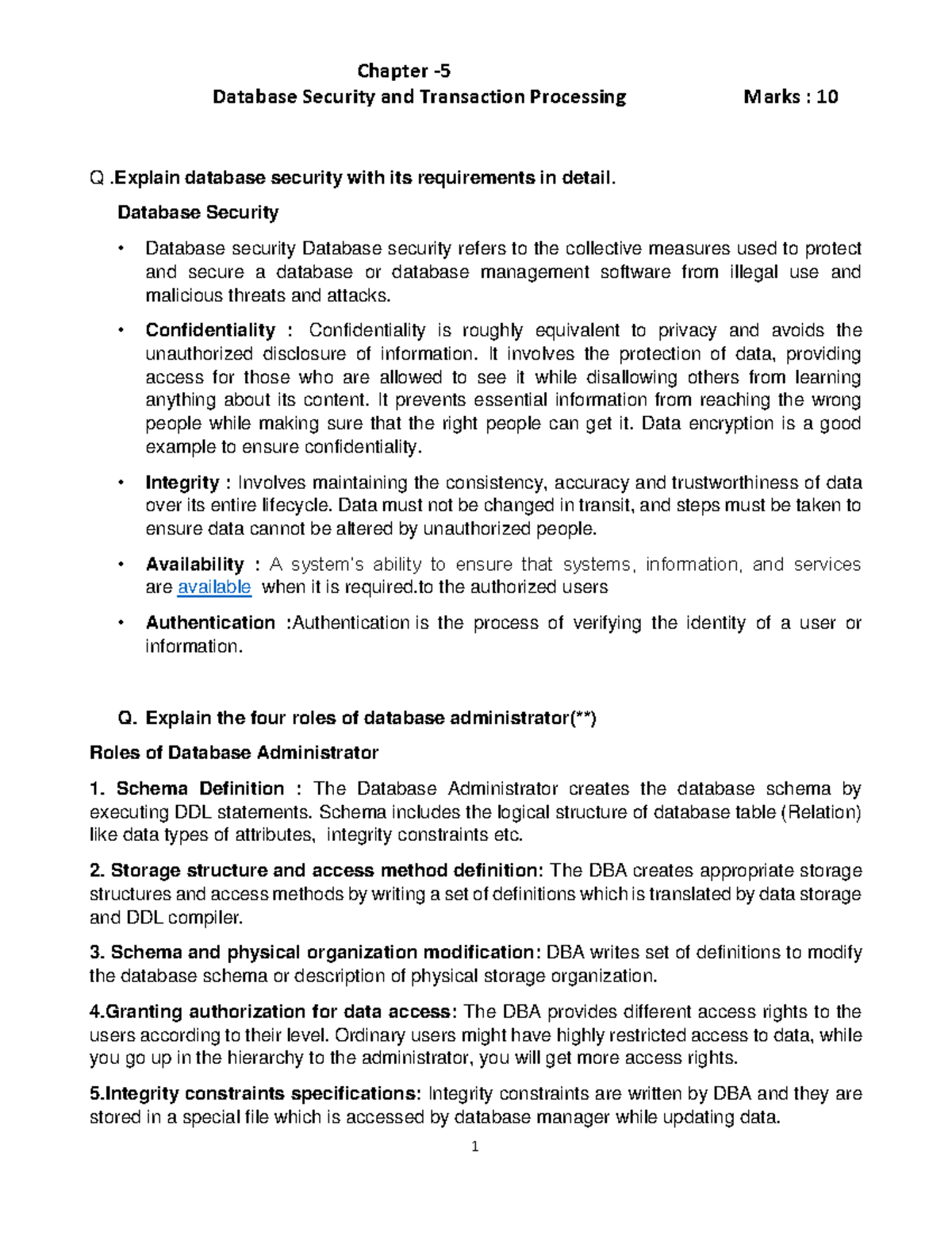 DATA BASE MANAGEMENT - Database Security and Transaction Processing Marks : 10 Q .Explain ...