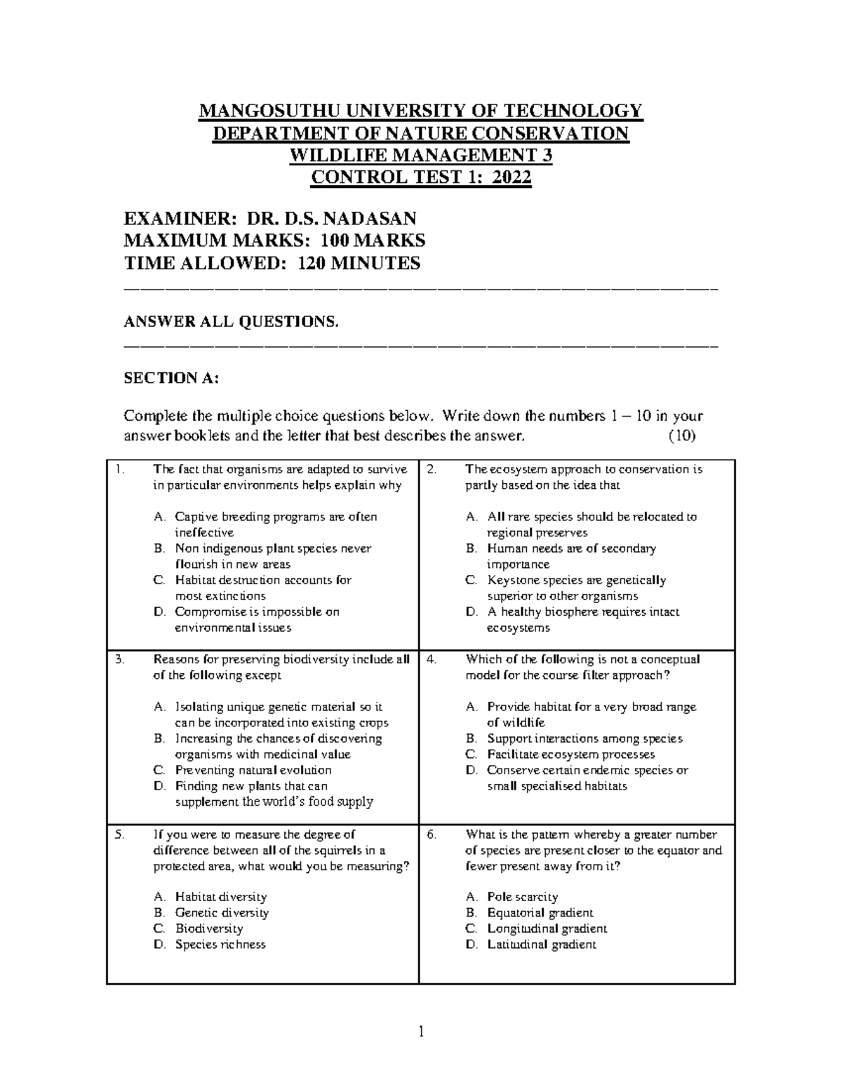 Control test 1 for wildlife management 3 for 2022 - MANGOSUTHU ...