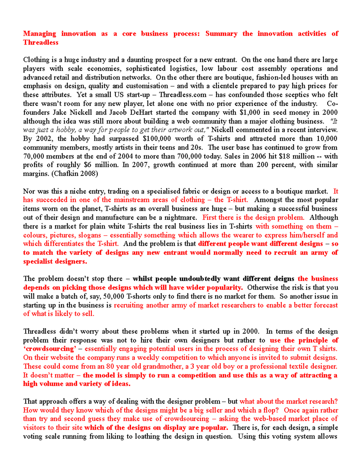 Case read - Threadless - Managing innovation as a core business process: Summary the innovation ...