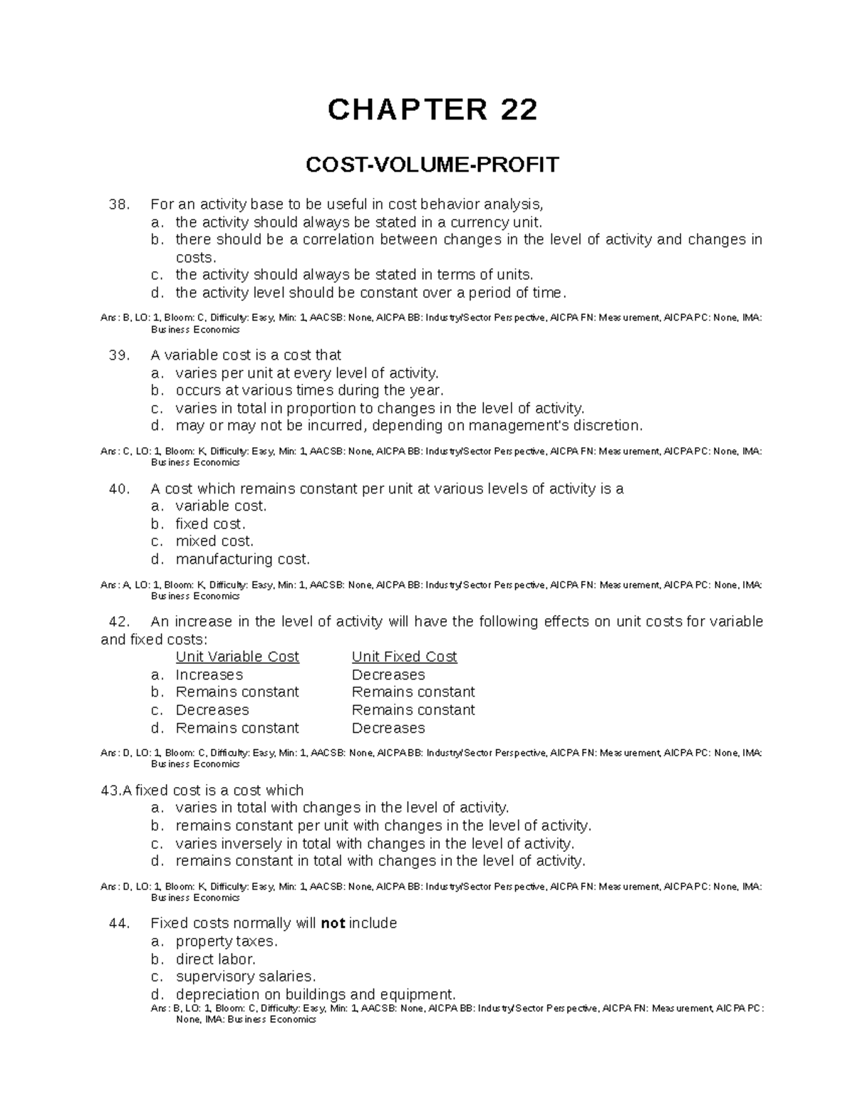 Ch22 - with answers - managerial accounting - CHAPTER 22 COST-VOLUME ...
