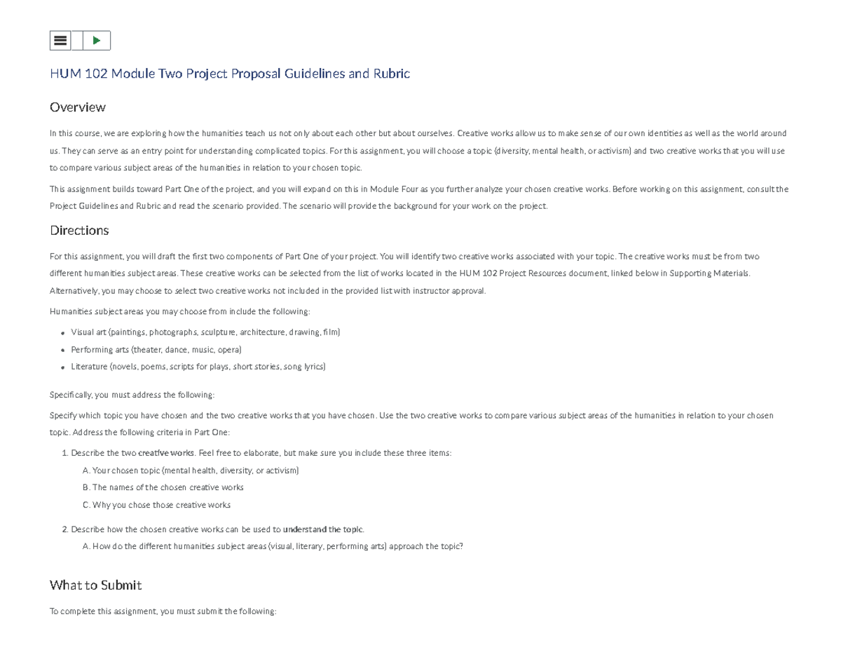 Module Two Project Proposal Guidelines and Rubric - HUM 102 Module Two ...