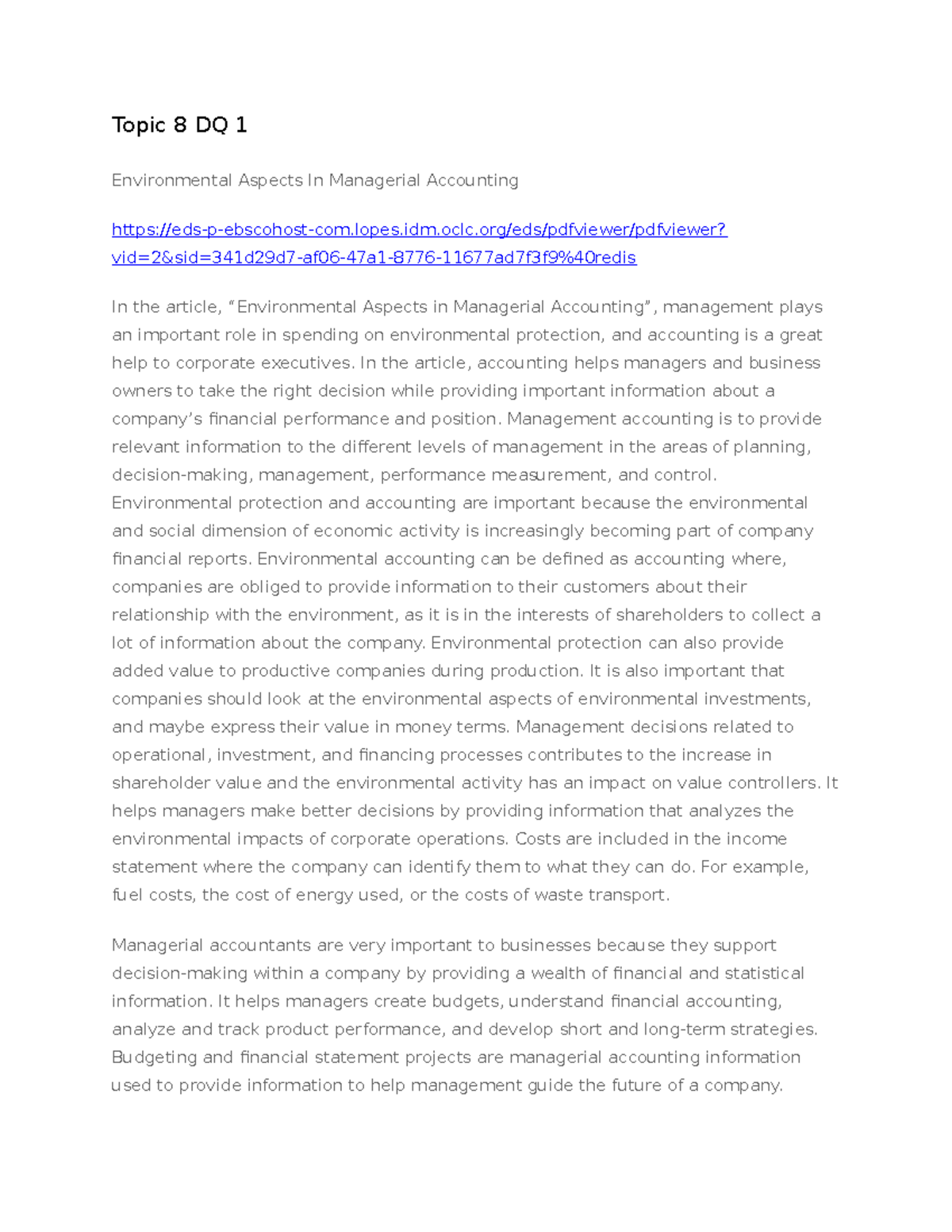 Topic 8 DQ 1 - DISCUSSIONS - Topic 8 DQ 1 Environmental Aspects In ...