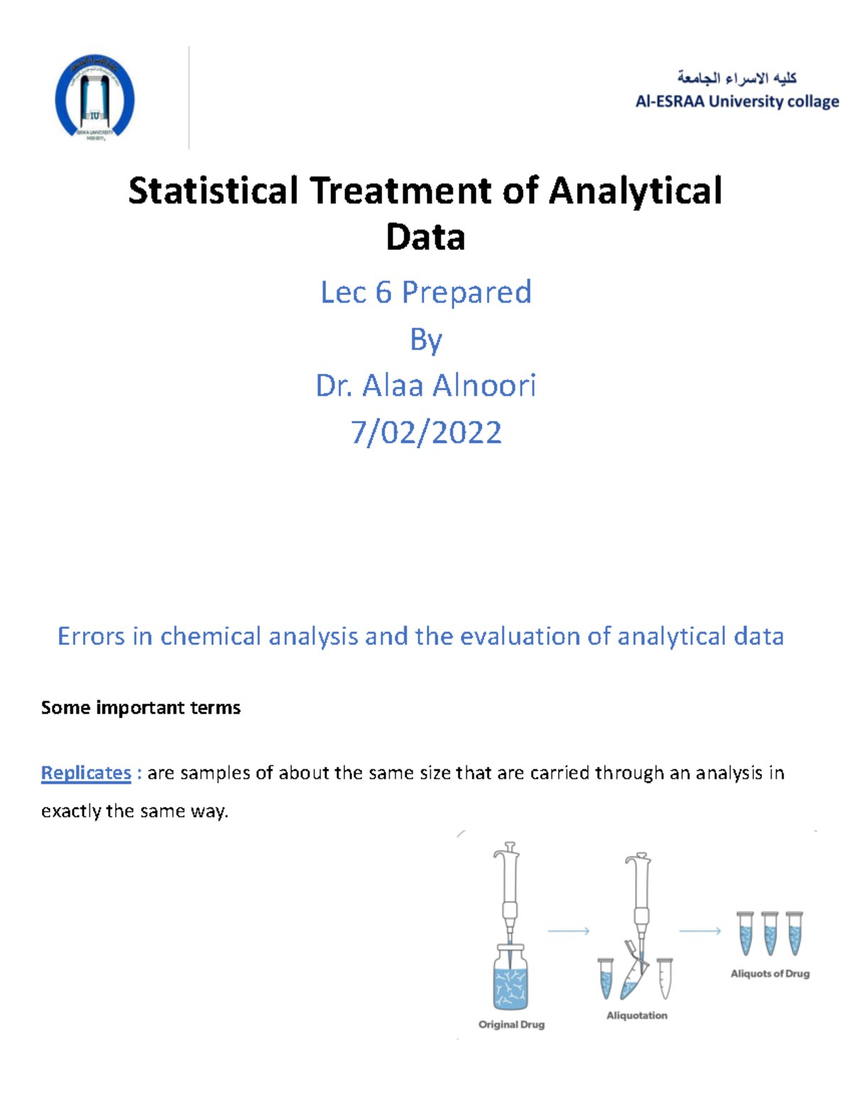 Statistical Treatment of Analytical Data - Lec 6 Prepared By Dr. Alaa ...