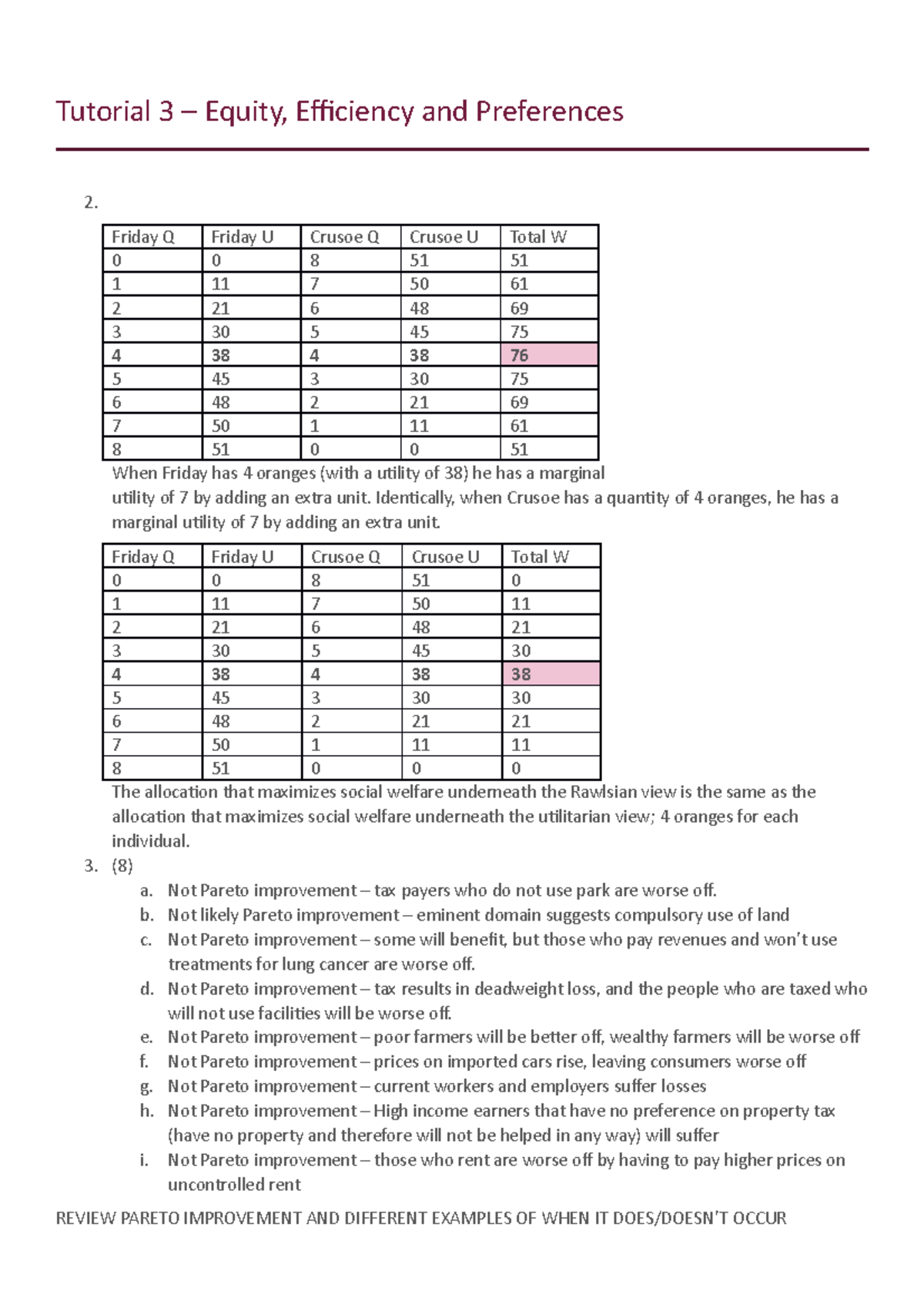Week 3 Tutorial Questions and Answers - Tutorial 3 – Equity, Efficiency ...