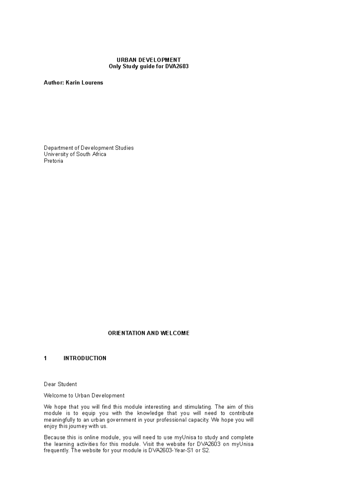 DVA2603 Study guide (2) - URBAN DEVELOPMENT Only Study guide for DVA ...