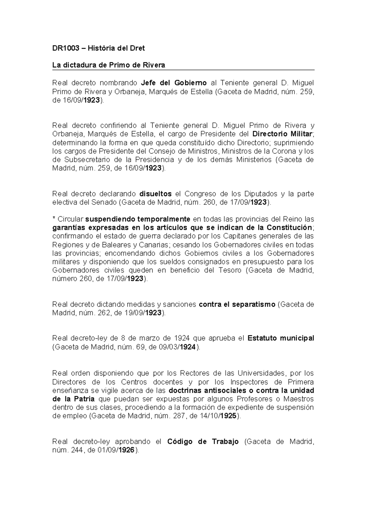 6 DR1003 Gaceta Primode Rivera - DR1003 – Història del Dret La dictadura de Primo de Rivera Real ...